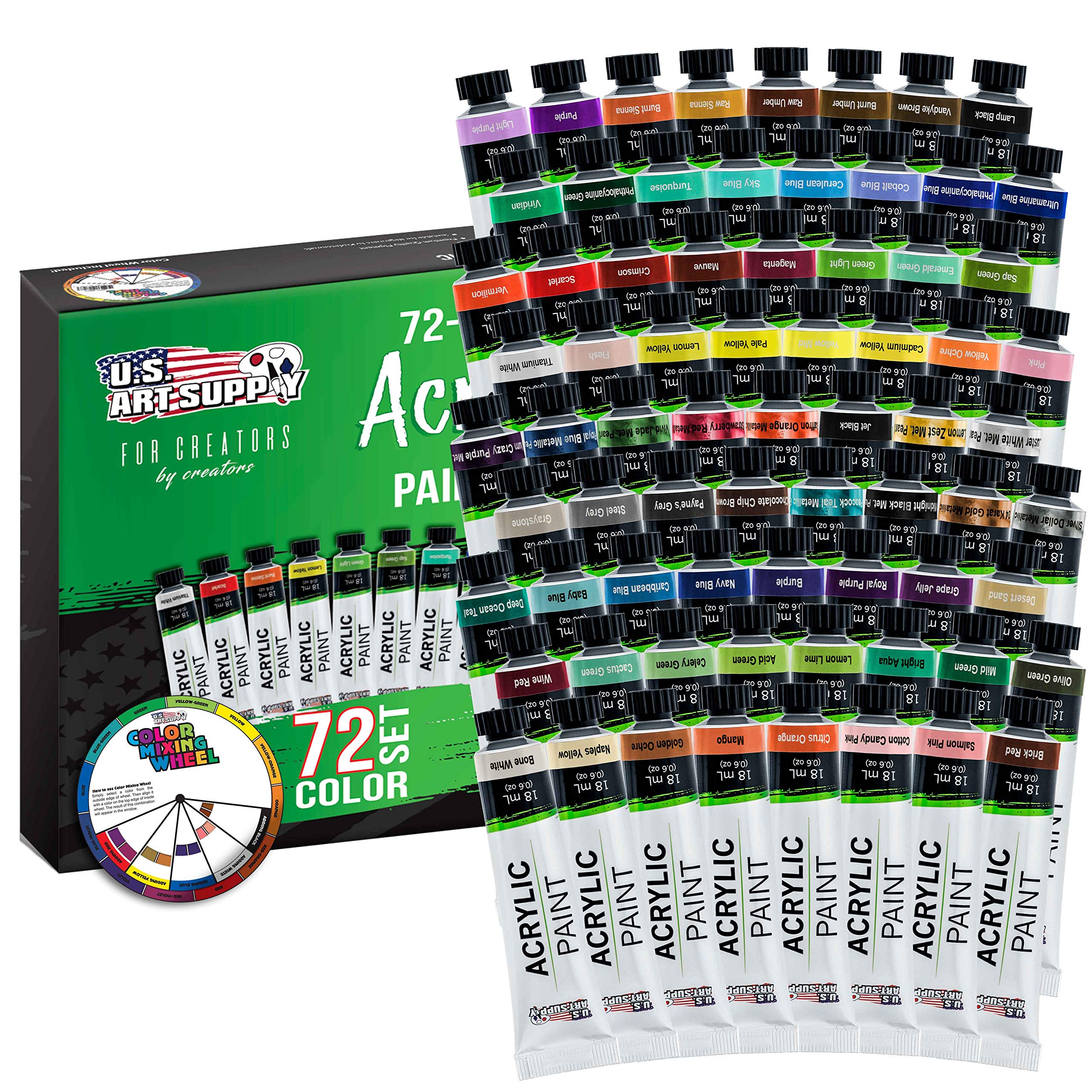 U.S. Art Supply Professional 72 Color Set of Acrylic Paint in Large 18ml Tubes - Rich Vivid Colors for Artists, Students, Beginners - Canvas Portrait Painting, Wood, Fabric, Paper - Color Mixing Wheel