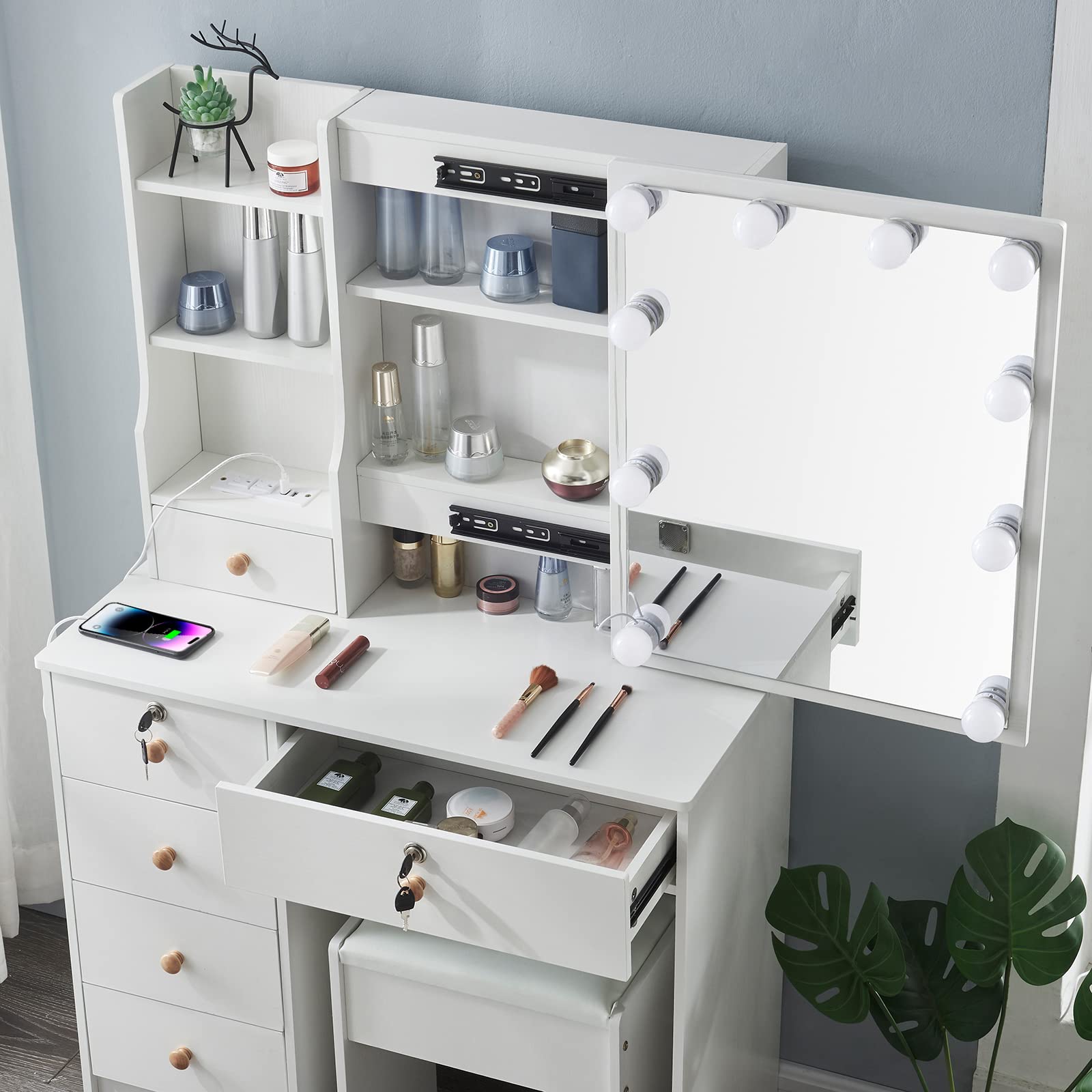 Xinhonglei White Vanity Desk Set with Sliding Lighted Mirror & USB Outlets, Makeup Dressing Table with Hidden Shelves and Stool Set, Modern Vanity Desk Dresser with 5 Drawers for Bedroom