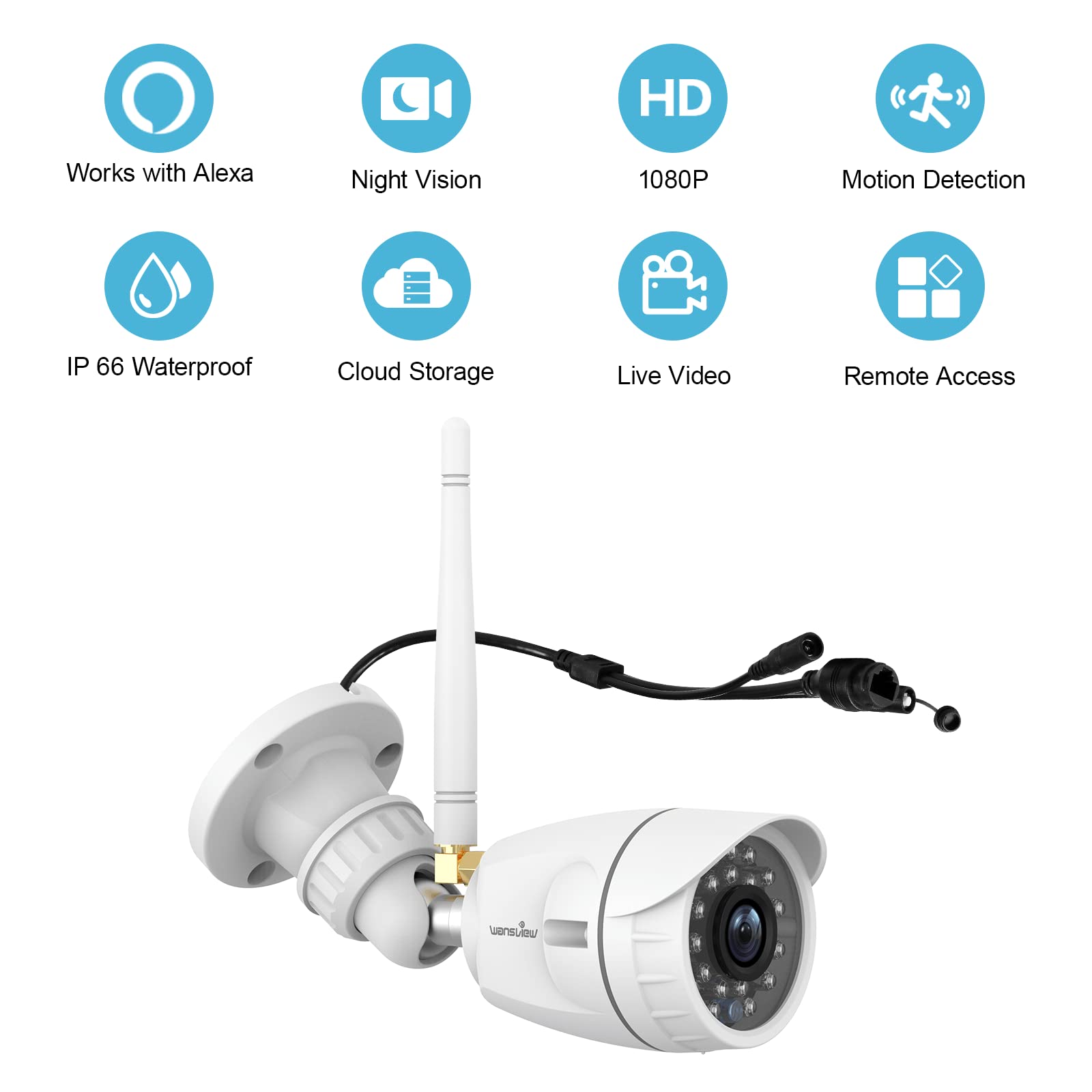 wansview Outdoor Security Camera, 1080P Wireless WiFi Home Surveillance Waterproof Camera with Night Vision, Motion Detection, Remote Access, Compatible with Alexa-W4, White