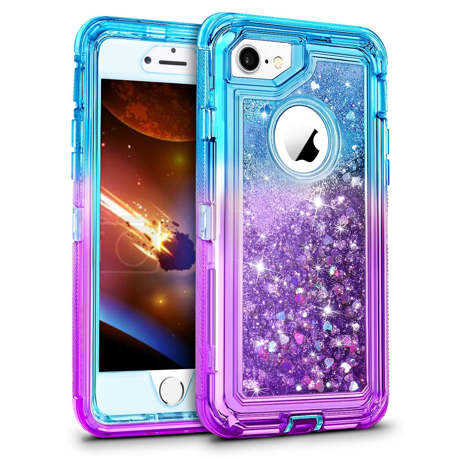 WESADN Case for iPhone 6 Case, iPhone 6s Case for Girls Women Cute Glitter Protective 3D Luxury Bling Sparkle Heavy Duty Full Body Protection Shockproof Gradient Cover for iPhone 6 6s 7 8,Teal Purple