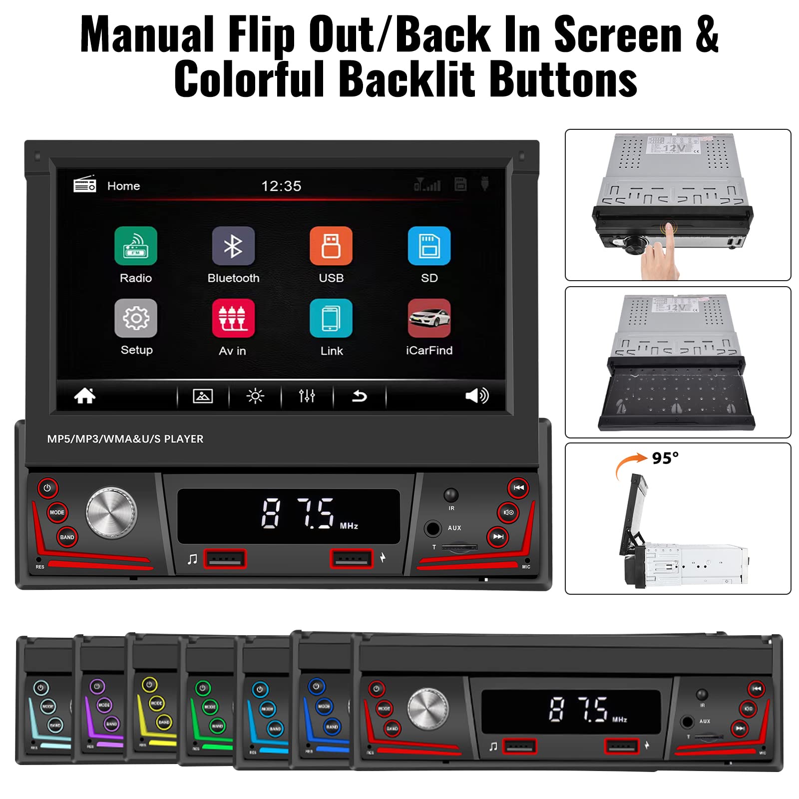 UNITOPSCI Single Din Car Stereo Radio 7 Inch Flip Out Touch Screen Bluetooth Radio FM Car MP5 Player Mirror Link AUX/TF Card Input/Dual USB/Fast Charge SWC EQ with Backup Camera Remote Control Mic