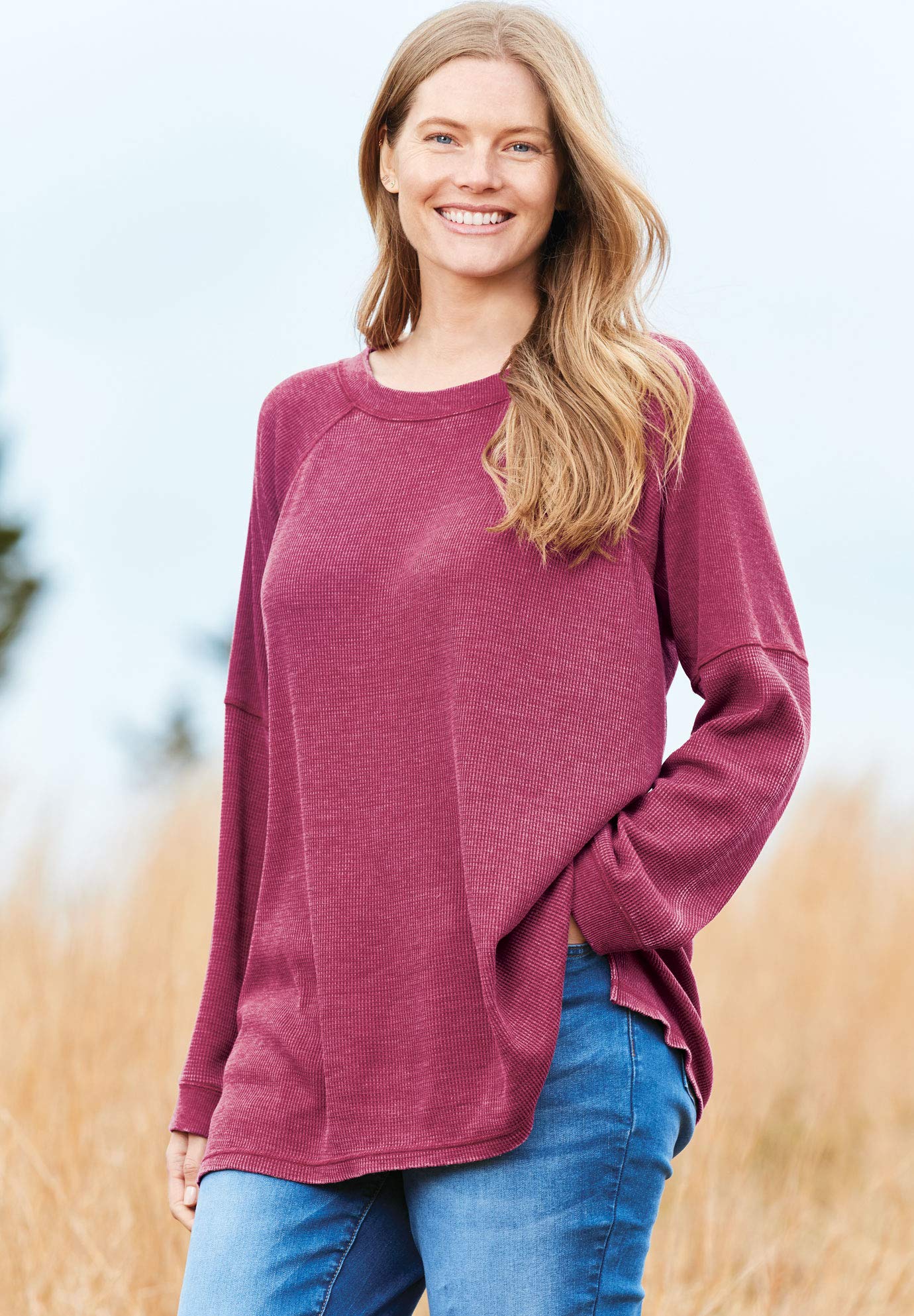 Woman Within Women's Plus Size Washed Thermal Waffle Raglan Sweatshirt - 30/32, Deep Claret Purple