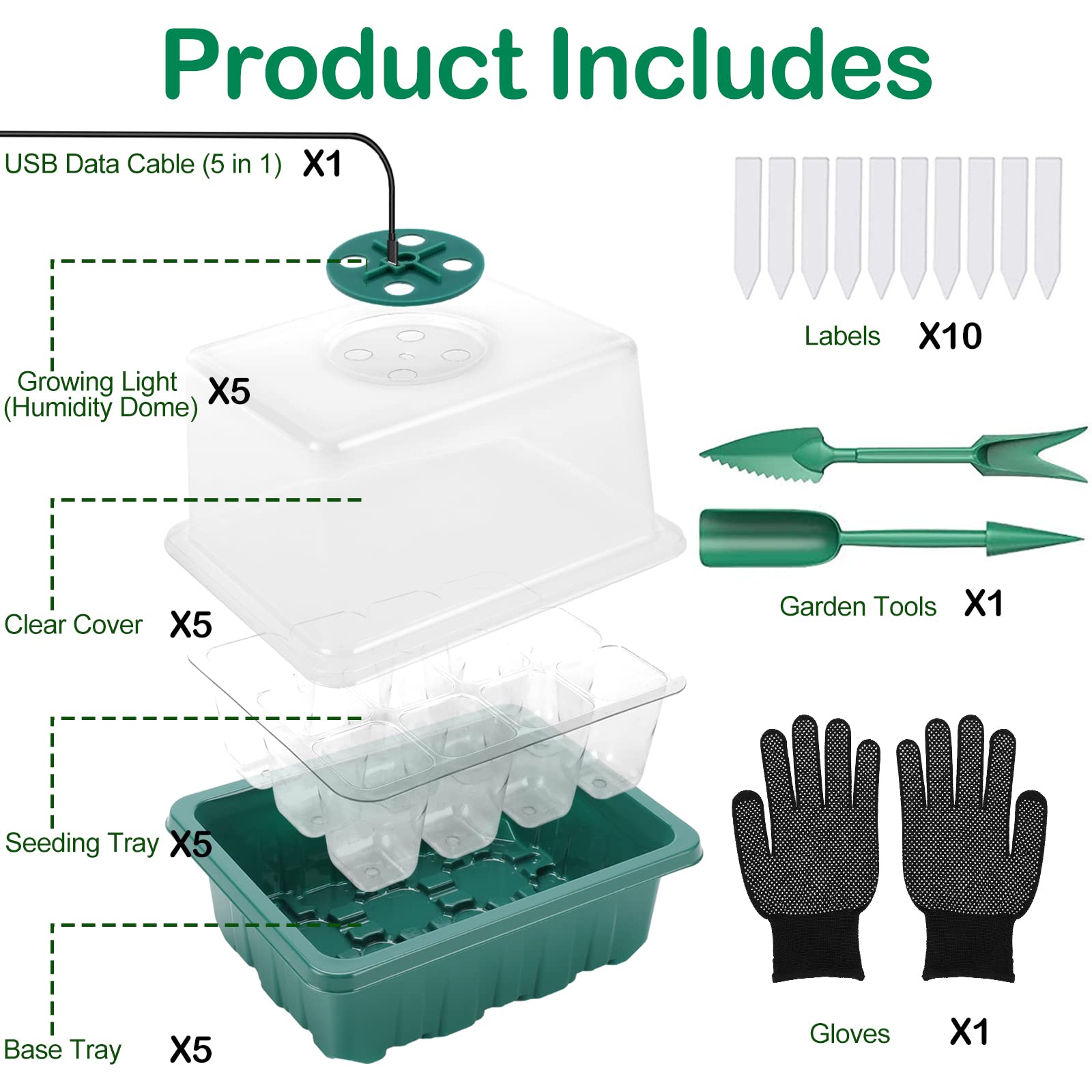 Seed Starter Tray with Grow Light, 5pcs Seed Starter Kit with Grow Light, Seeding Starter Trays with Humidity Domes, Plant Starter Trays Covers Height 3.9", Indoor Gardening Plant Germination Trays