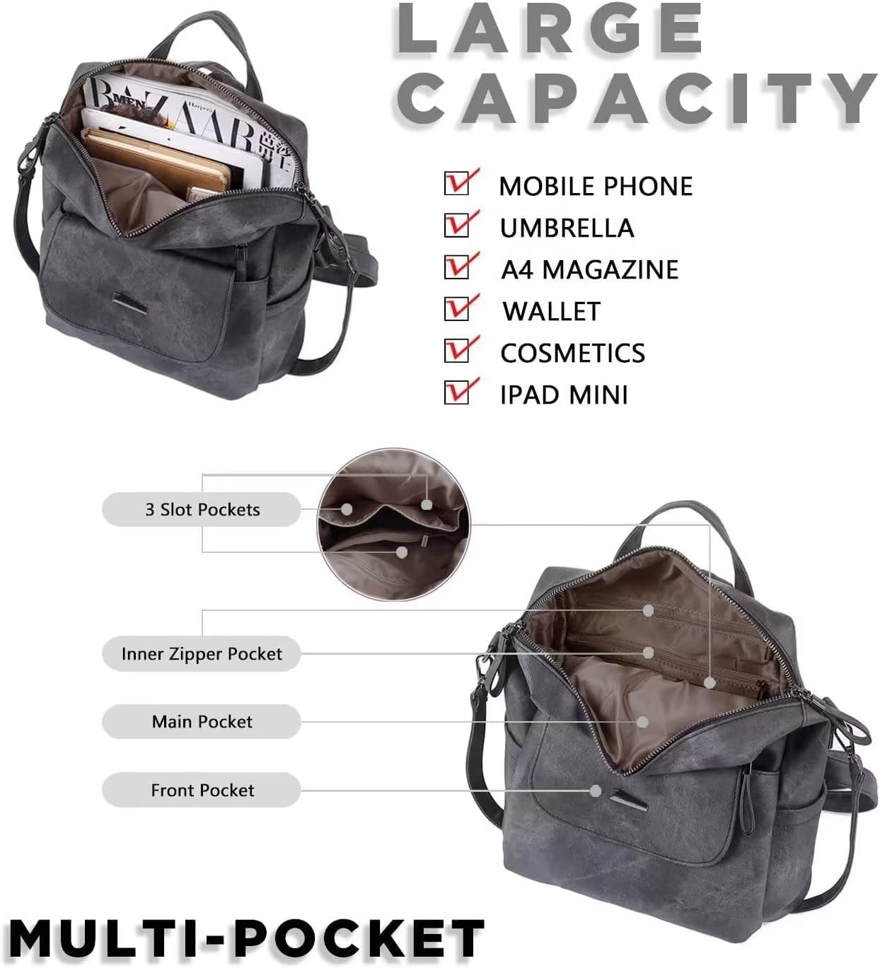 WYFJNX PU Leather Backpack Purse for Women Fashion Multipurpose Design Handbag Ladies Shoulder Bags Travel Backpack Coffee