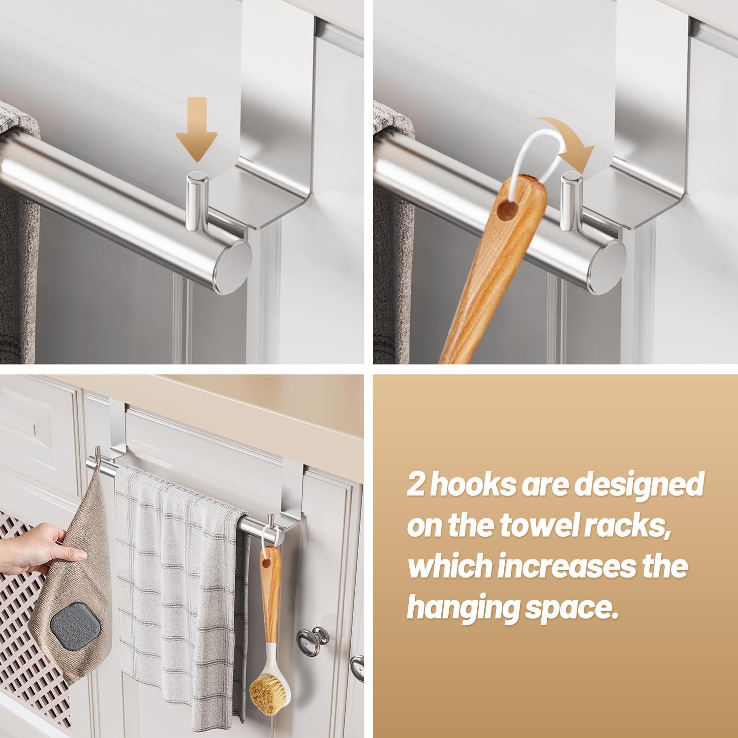 VEHHE Kitchen Towel Rack-2pcs, 12.7-Inches, Over The Door Towel Holder with Eva Foam Pads, Kitchen Towel Holder with 2 Hooks, Stainless Steel Towel Holder for Kitchen Cabinet (Silver)