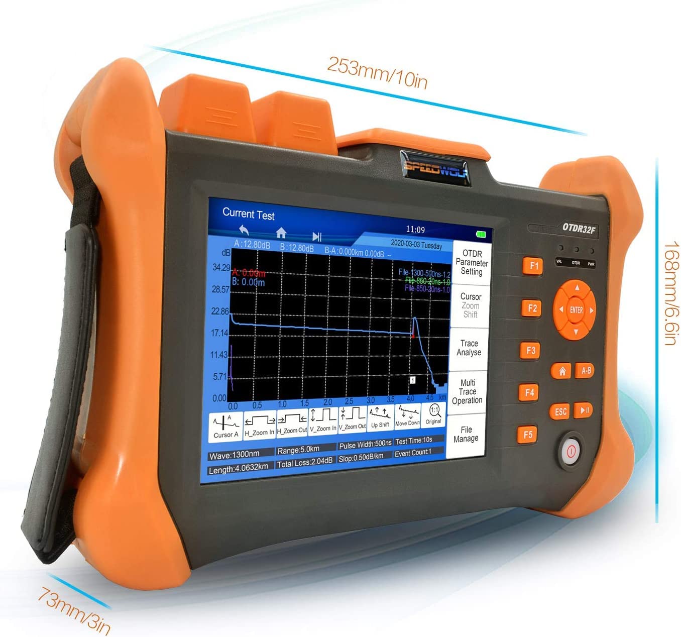 SPEEDWOLF 850/1300nm 24/22dB Multimode OTDR 5.6inch Touch Screen FTTH Fiber Optic Cable Tester with Visual Fault Locator(VFL) and FC+SC+FC/UPC(Male)-LC(UPC+APC)(Female) Adapter(OTDR32F-T1-MD-1)