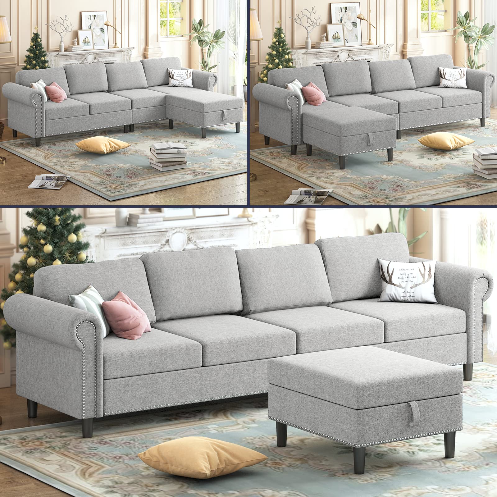 ZAFLY 102 Inch Oversized L Shaped Sofa with Reversible Storage Ottoman, 4-seat Sectional Couch with Footstool, Retro Design, Reversible Storage Chaise, Line Fabric Sofa for Living Room,Light Gray