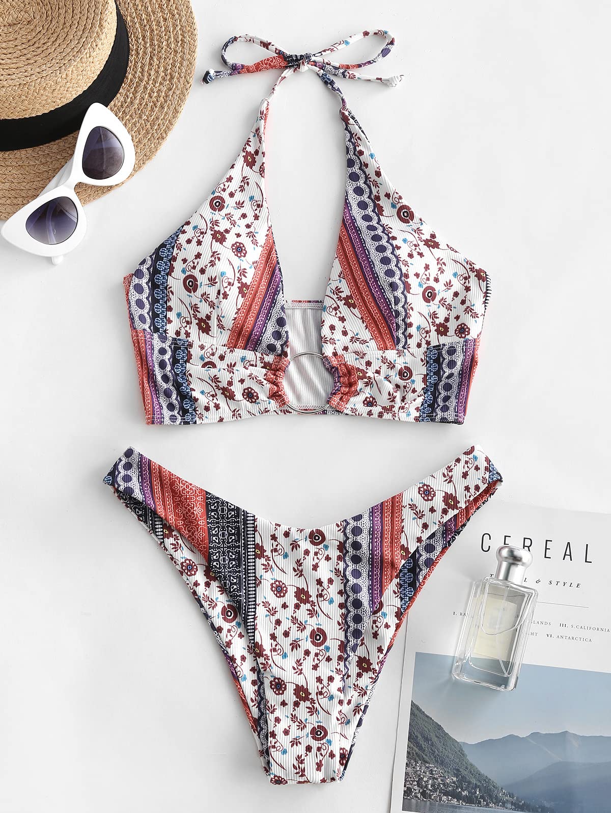 ZAFUL O Ring Halter Bikini for Women High Cut Ribbed Tribal Swimsuits Trendy 2 Piece Bathing Suit White S