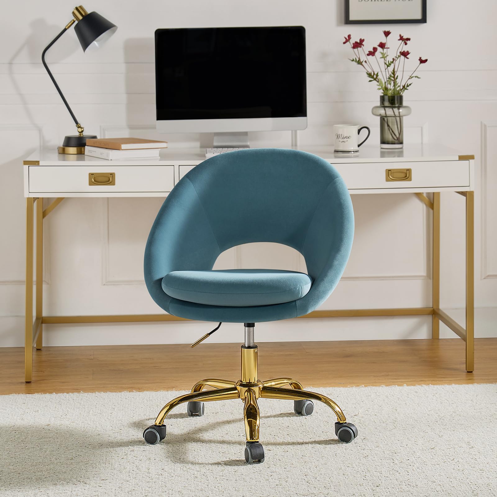 Velvet Fabric Task Chair with Wheels Swivel Soft Seat Computer Chair for Home Office Work Study Vanity Small Desk Chair-Grey…
