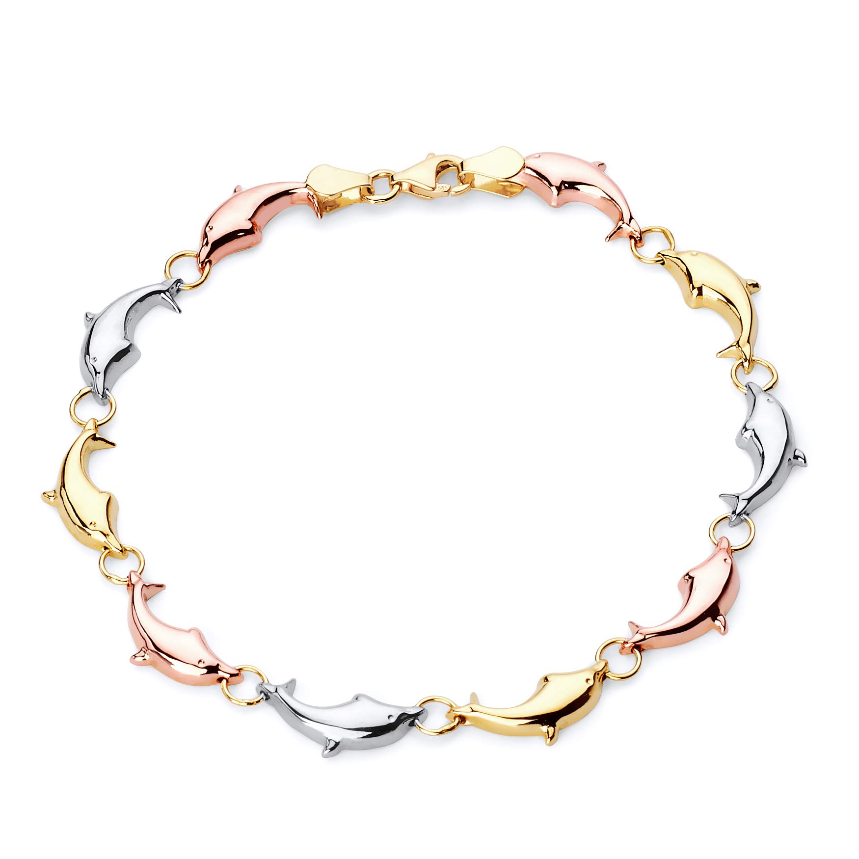 Wellingsale 14k Tri 3 Color Gold Polished Stampato Dolphin Bracelet with Lobster Claw Clasp - 7.25"