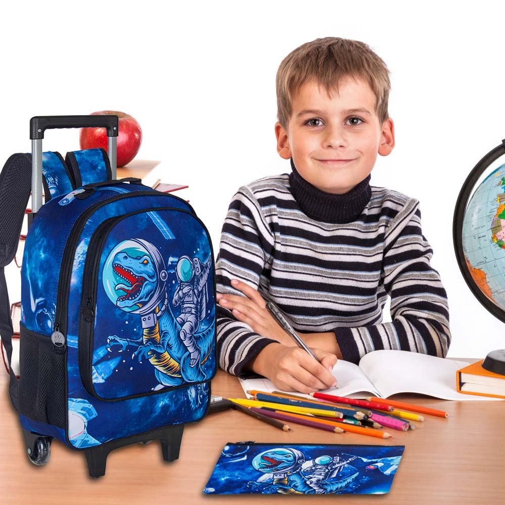 UFNDC 3PCS Kids Rolling Backpack, Dinosaur Wheeled Bookbag for Boys,Travel Roller School Bag with Wheels
