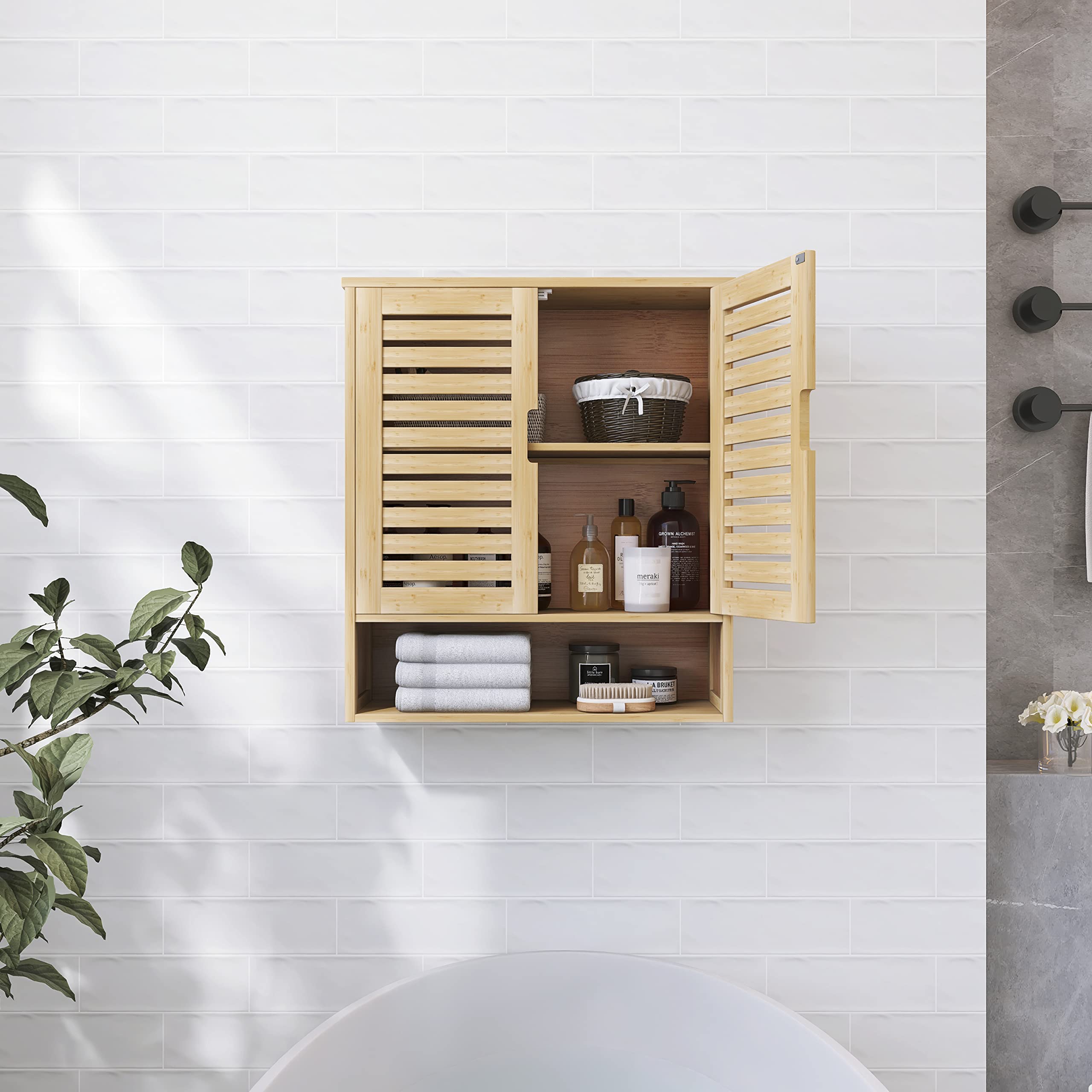 SMIBUY Bathroom Cabinet Wall Mounted, Bamboo Over-The-Toilet Storage Organizer, Space Saver Medicine Cabinet with 2 Door and Adjustable Shelves (Natural)