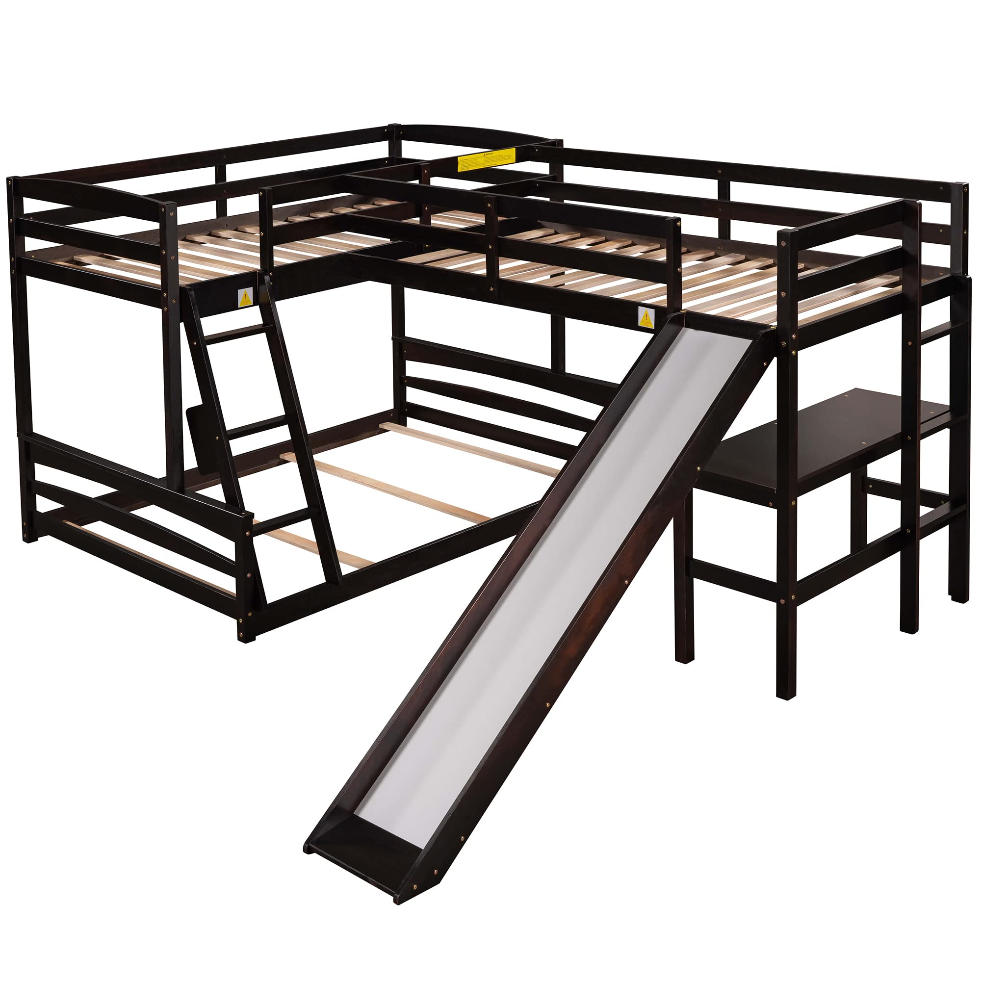 Tidyard Twin Over Full Bunk Bed with Twin Size Loft Bed with Desk and Slide,Full-Length Guardrail, Espresso Platform Bed Frame, Easy Assembly for Dorm, Bedroom