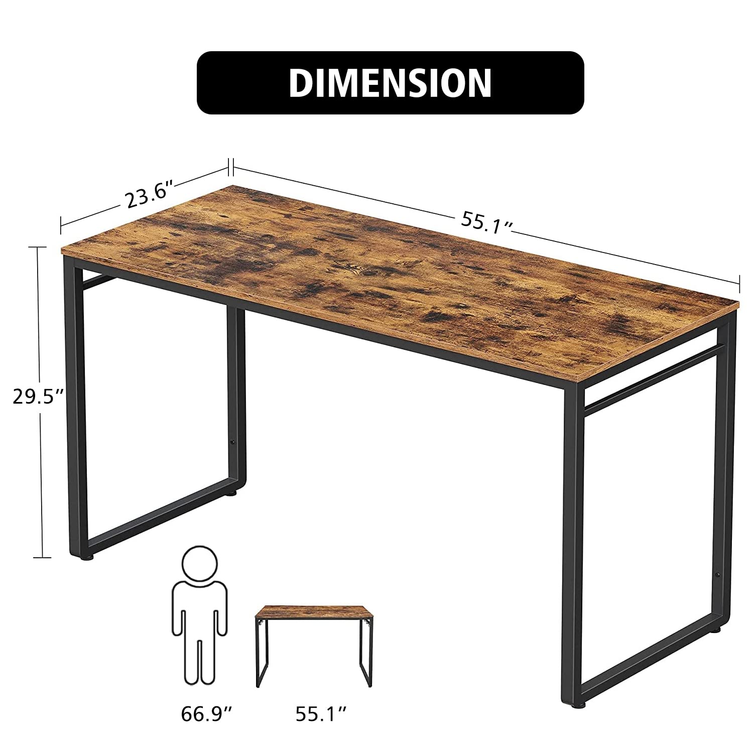 Zanzio Home Office Desk with Hooks, Simple Style Desk for Home Office, Computer Desk for Writing Study, 55.1 Inches, Industial Brown