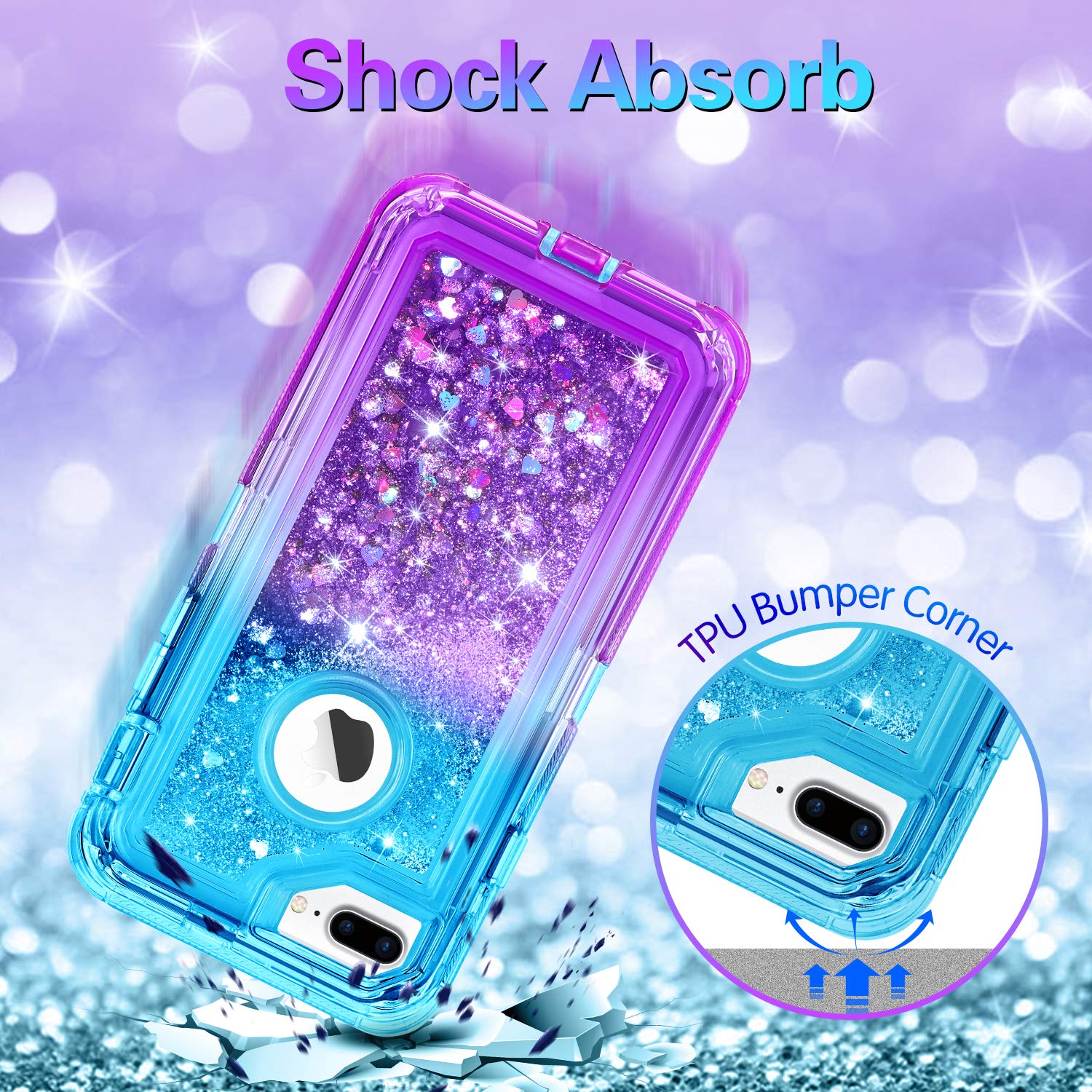 WESADN Case for iPhone 8 Plus Case,iPhone 7 Plus Case for Girls Women Cute Glitter Liquid Protective Bling Heavy Duty Shockproof Gradient Cover for iPhone 8 Plus 7 Plus 6 Plus 6s Plus,Teal Purple