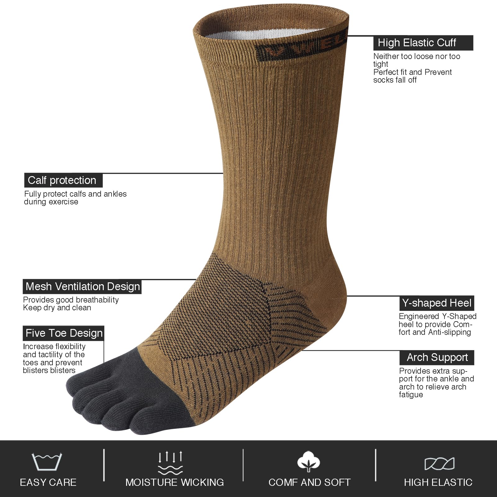 VWELL Toe Socks Cotton Athletic Running Five Finger Socks 3 Pairs,Size 7-11