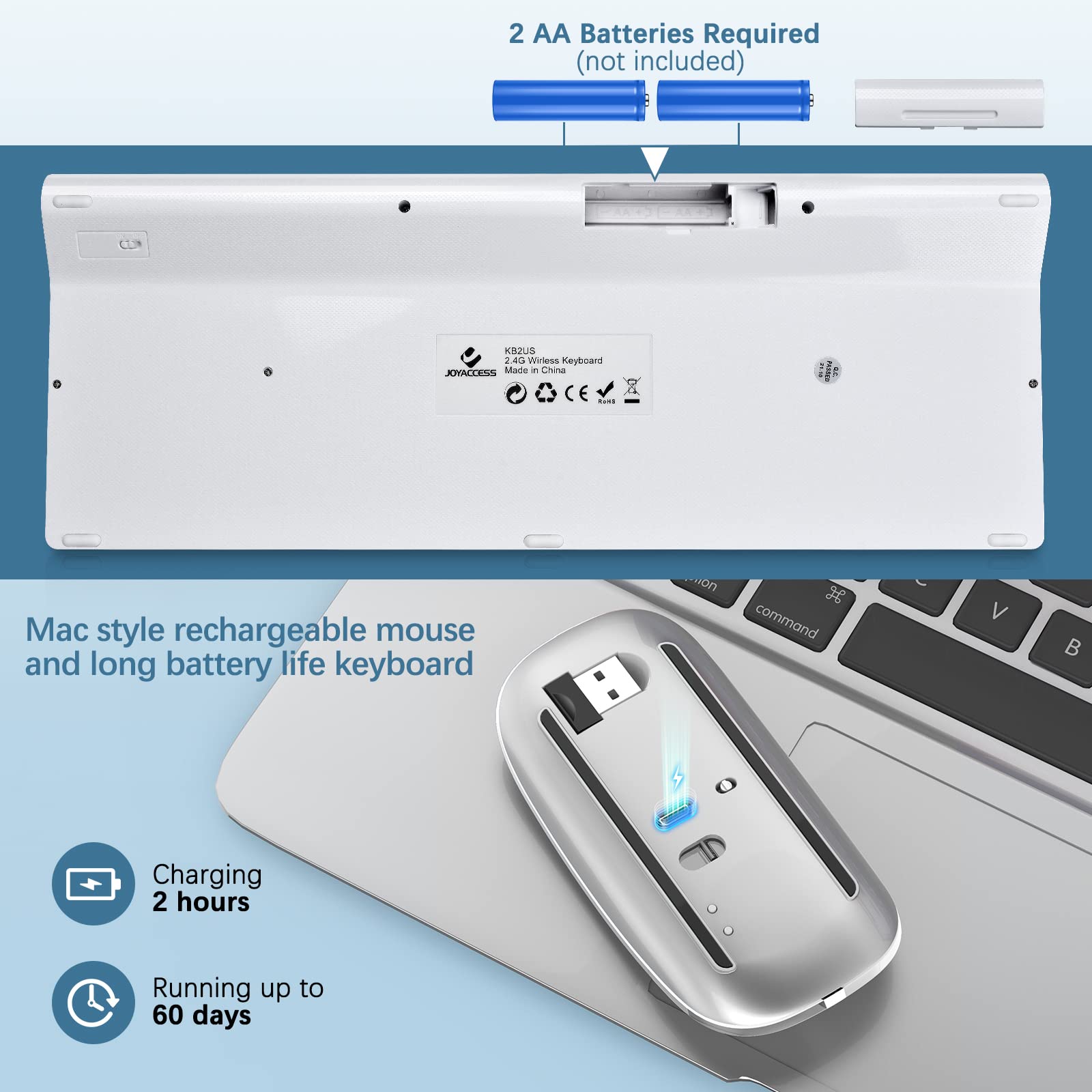 Wireless Keyboard and Mouse Combo, Gamcatz 2.4G Ultra Thin Compact Keyboard and Silent Type-C Rechargeable Mouse for Mac iMac MacBook Air PC Laptop Tablet Computer Windows-Silver White