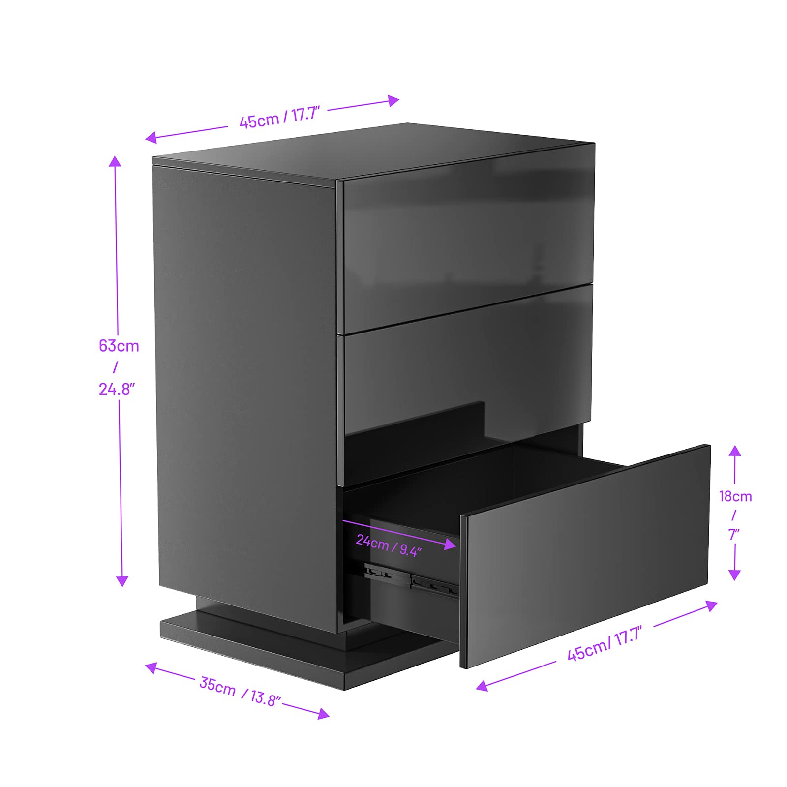 YILQQPER Nightstand Set of 2 with LED, End Tables with 3 Drawers and I Flapping Top Box, Night stand for Bedroom, Living Room, Modern Tall Bedside Table with High Gloss Panel (Gloosy White)