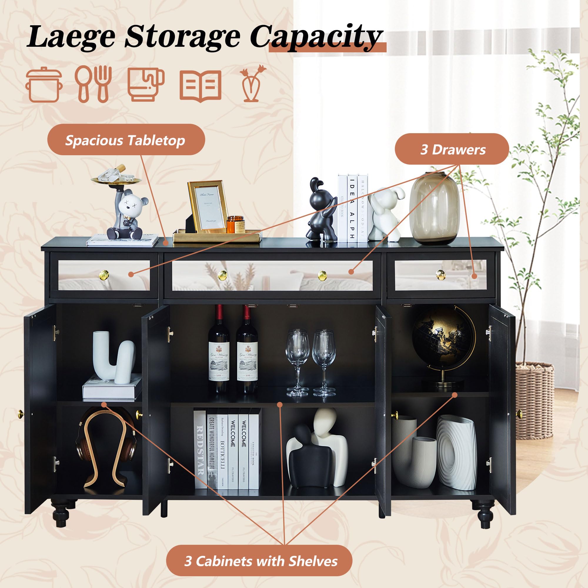 weselon Accent Buffet Sideboard with 4 Mirror Doors, Luxury 3 Drawer Storage Cabinet with Adjustable Shelves, Accent Buffet Cabinet for Living Room