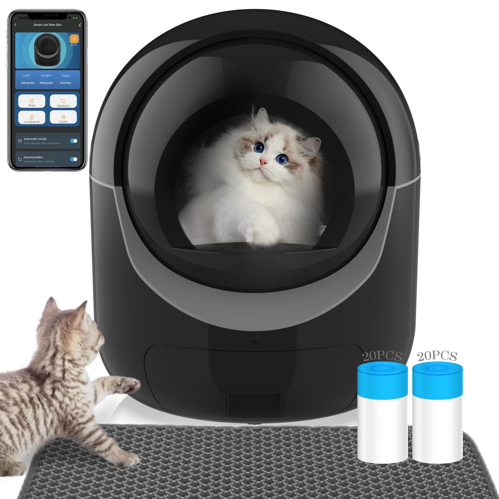 Self Cleaning Cat Litter Box, Automatic Cat Litter Box for Multiple Cats with 40 Garbage Bags & 1 Mat, 65L+10L Large Capacity/APP Control/Safety Protection - 2 Year Warranty
