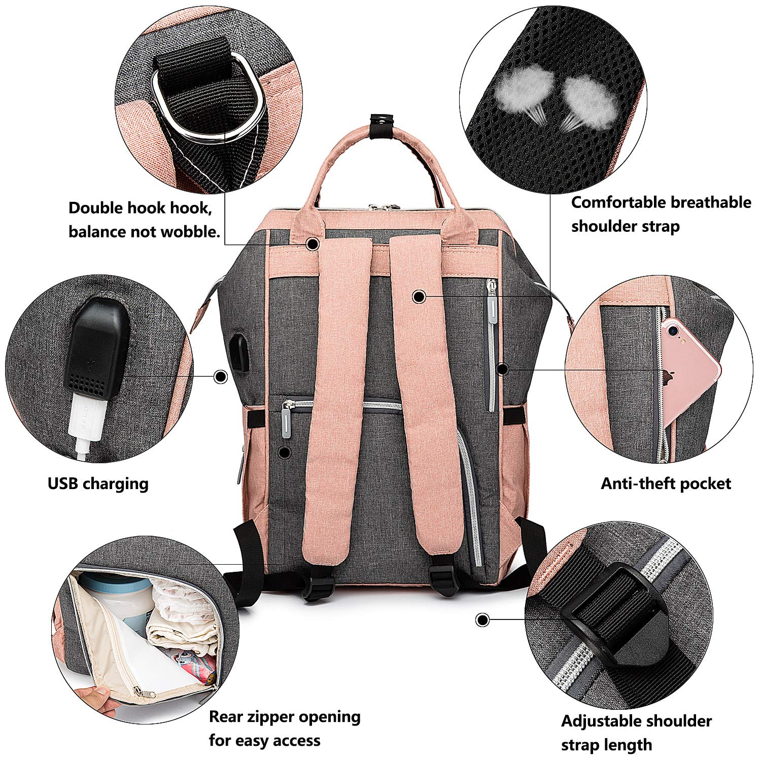 Waterproof Diaper Bag Backpack Large Capacity Nappy Baby Bags for Mom, USB Charging Port + Stroller Straps + Thermal Pockets + Pad (Grey & Pink)