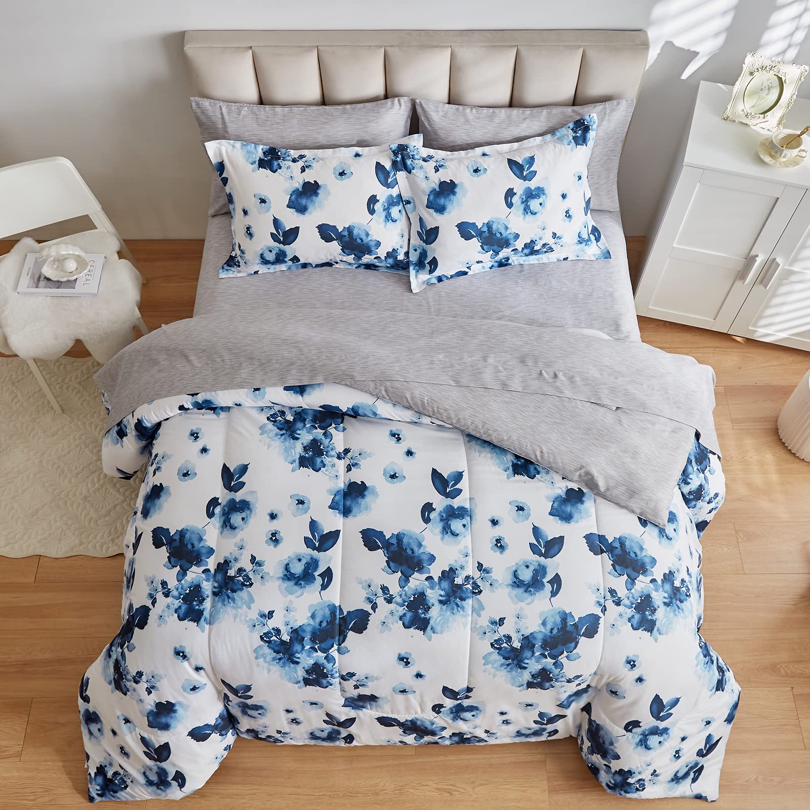 UOZZI BEDDING Floral Comforter Sheet Set 7 Pieces Bed in a Bag Dark Grey Golden Flower Queen Size (1 Comforter 2 Pillow Shams 1 Flat Sheet 1 Fitted Sheet 2 Pillowcases)