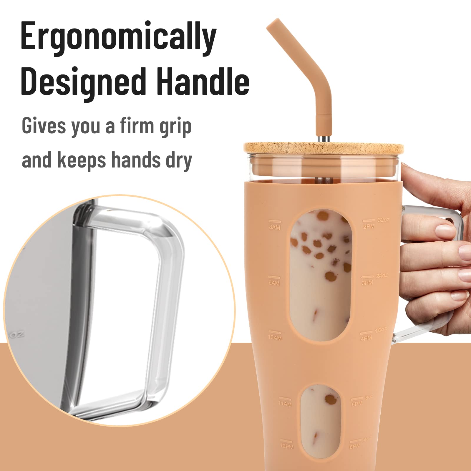Zukro 40 oz Glass Tumbler with Handle and Wide Straw, Drinking Cup With Bamboo Lid For Water, Iced Coffee, Time Marker to Dink, Large Smoothie Cup with Silicone Sleeve, BPA Free, Fit Cupholder, Khaki