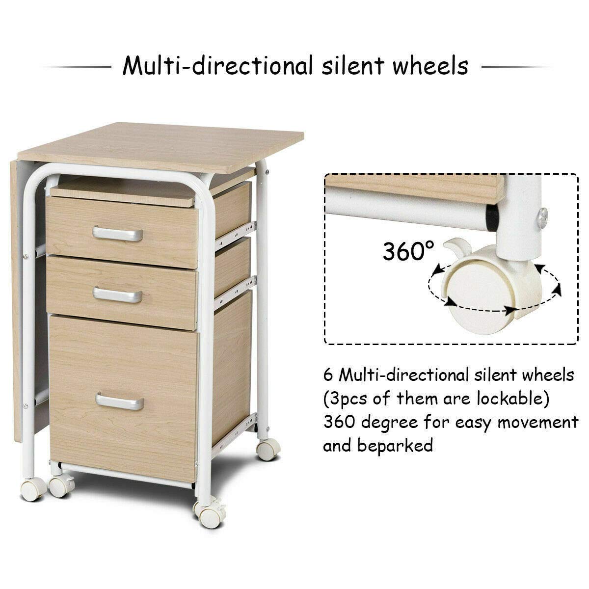 Wavecurl Folding Computer Laptop Desk Wheeled Home Office Furniture with 3 Drawers New
