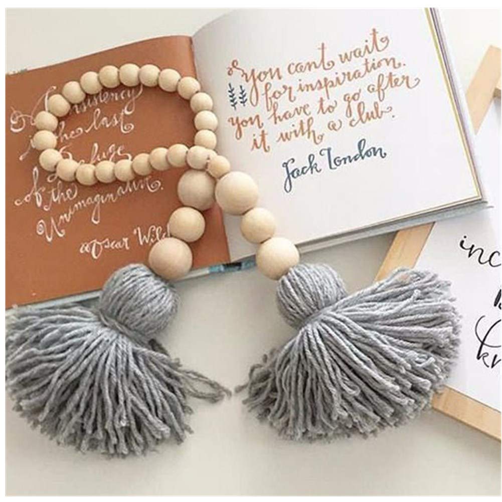 Wood Bead Garland with Tassels Farmhouse Decorations Rustic Wall Hanging Decor Beads 2 Pcs (Grey)