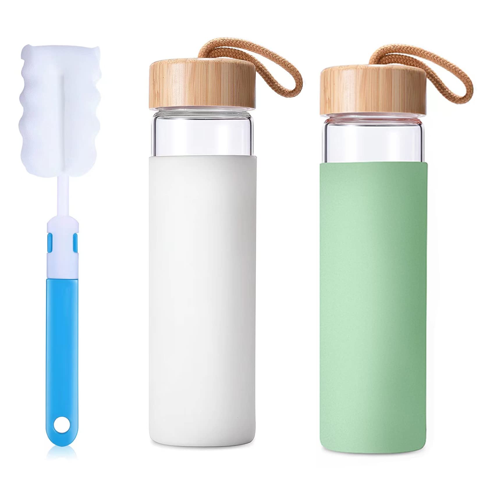 Yomious 20oz Borosilicate Glass Water Bottle with Bamboo Lid and Silicone Sleeve – Reusable BPA Free – Glass Drinking Bottle with Lids - Bundle of 2