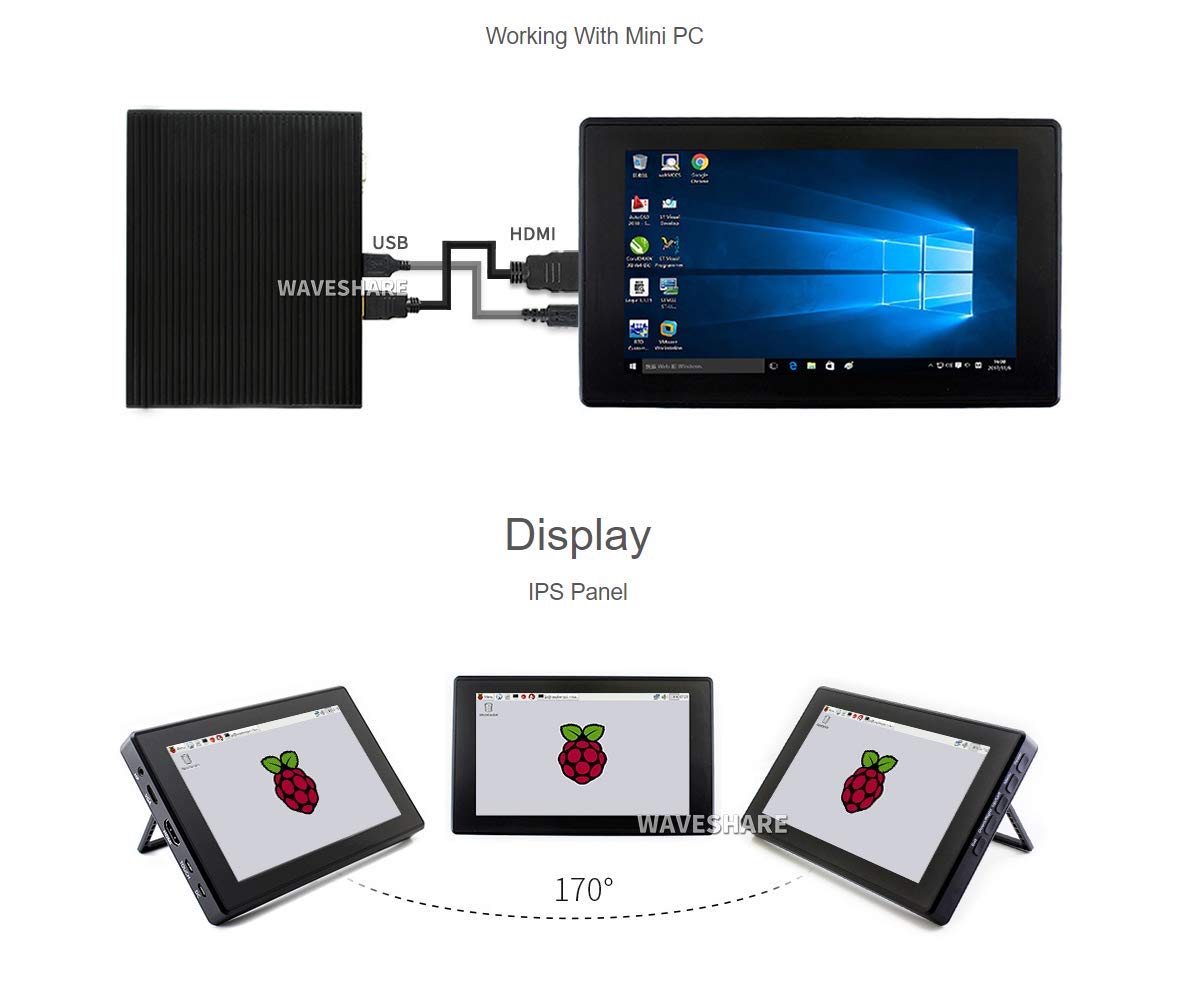 waveshare 7inch HDMI LCD (H) (with case) 1024x600 for Raspberry Pi IPS Display Capacitive Touch Screen Monitor with Toughened Glass Cover Case for Raspberry Pi 4/3/2/1 B B+ A+/Jetson Nano/Windows 10