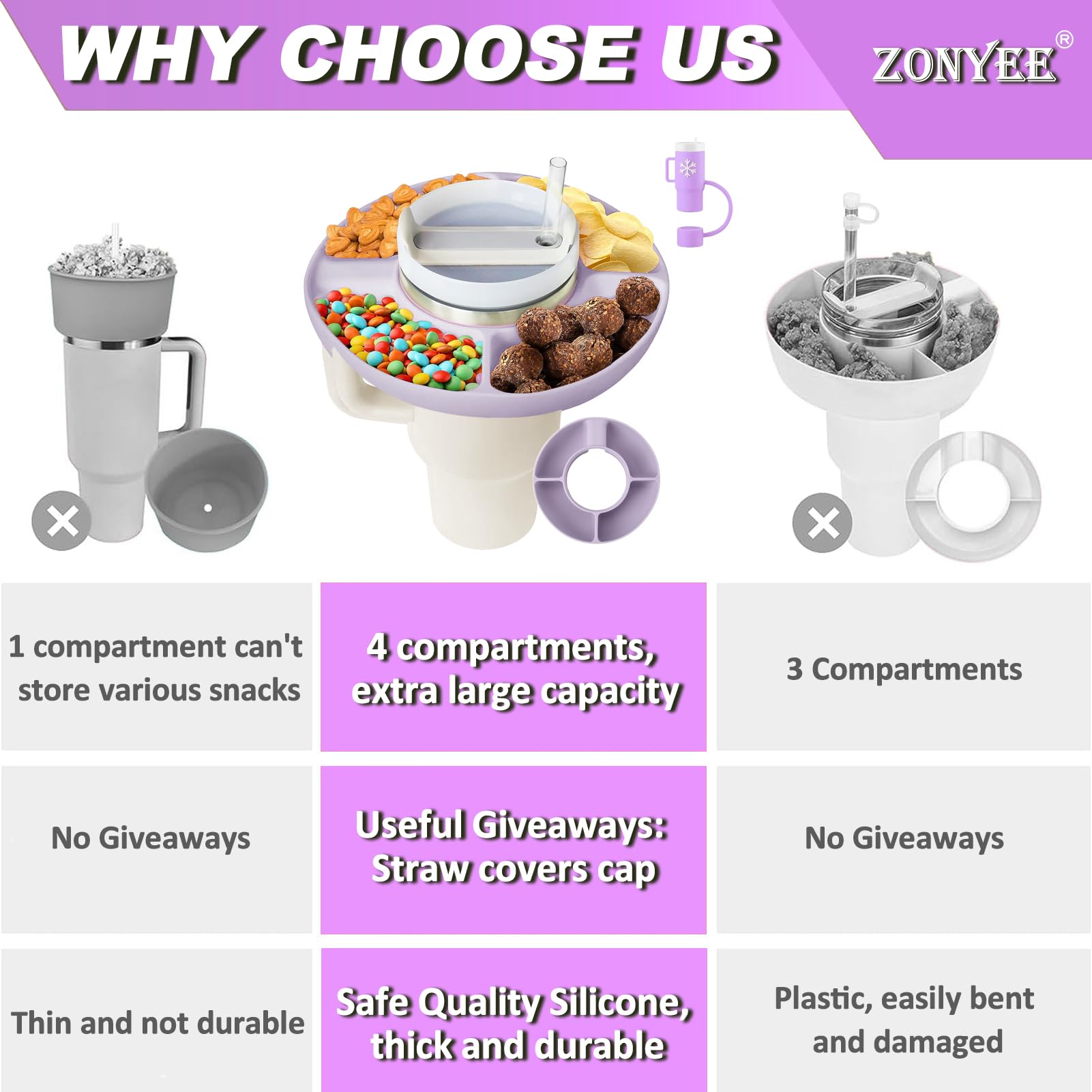 ZONYEE Snack Bowl for Stanley 40oz Tumbler with Handle, Silicone Reusable Snack Ring Snack Tray Fits for Stanley Cup 1.0/2.0, Suitable for Cinema, at Home or Outdoor, Orchid