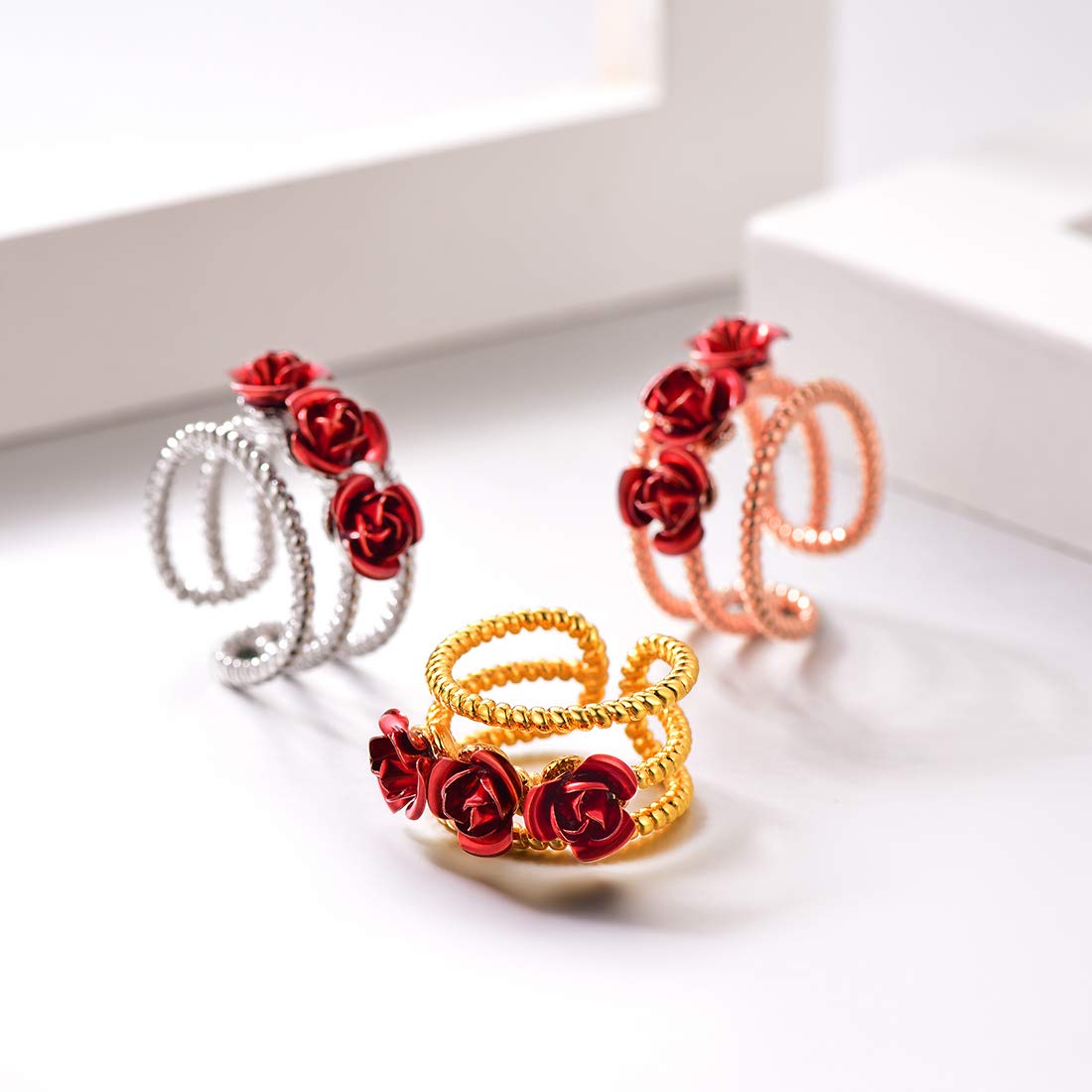 U7 Platinum Silver Statement Ring for Women, 3-Row Band Stacking Red Rose Flower Ring Cocktail Party Jewelry