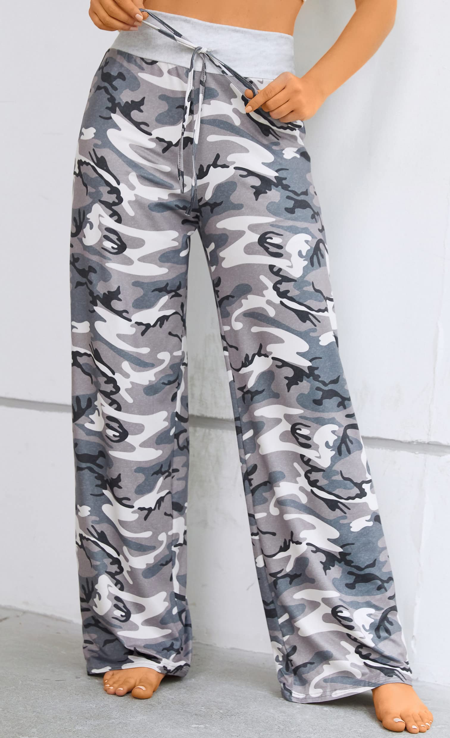 X-Image Women's Pajamas Comfy Pajama Lounge Pants Floral Print Drawstring Wide Leg Palazzo Pants Grey 5, Large