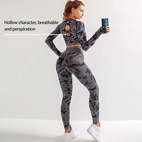 Yoga Workout Set High Waist Athletic Seamless Leggings Long Sleeve 2 Pieces Set (Camouflage Black, L)