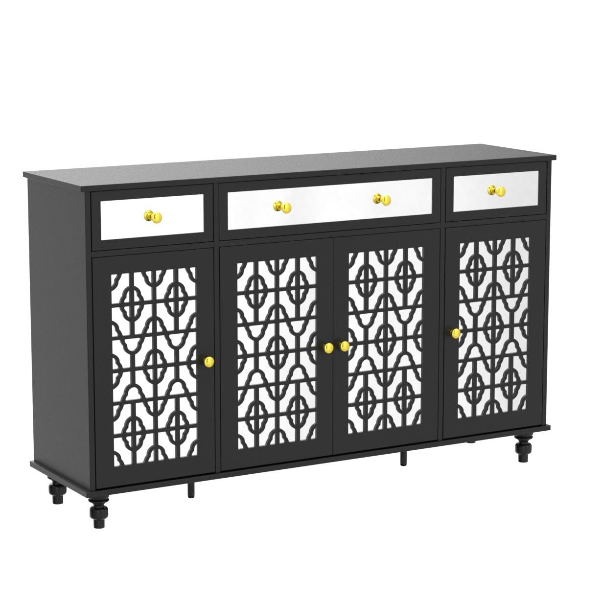 weselon Accent Buffet Sideboard with 4 Mirror Doors, Luxury 3 Drawer Storage Cabinet with Adjustable Shelves, Accent Buffet Cabinet for Living Room