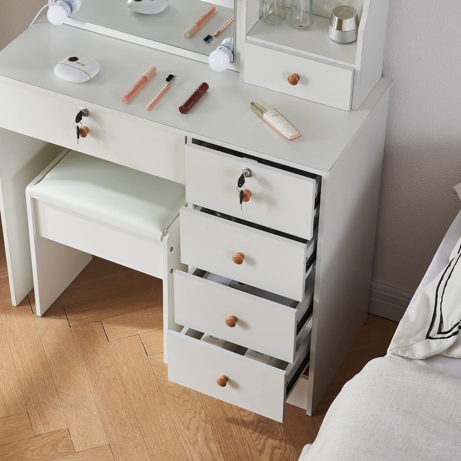 YAMISSI Premium Vanity Makeup Desk Set Girls Dressing Table with Sliding Mirror, 6 Storage Drawers and 6 Shelves, 3 Color Light Settings, Makeup Vanity Set for Bedroom. White