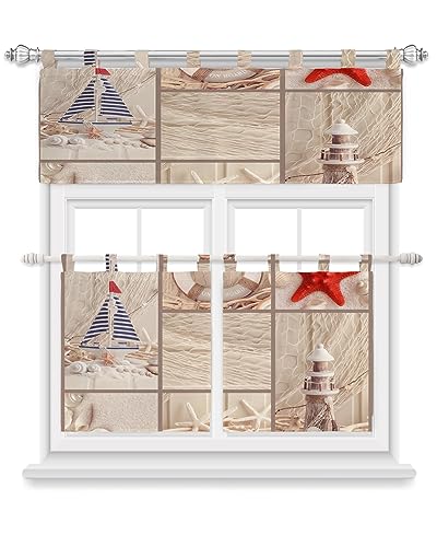 Tab Top Curtain Valance and Tiers Set,Summer Beach Red Starfish Shell Lifebuoy Light Filtering Kitchen Curtains Valances,Lighthouse Sea Nautical Boat Cafe Window Treatment Drapes for Bedroom