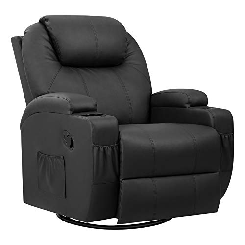 YESHOMY 360°Swivel Rocker Recliner with Massage and Heating Functions, PU Leather Sofa Chair with Remote Control and Two Cup Holders, Suitable for Living Room, Black