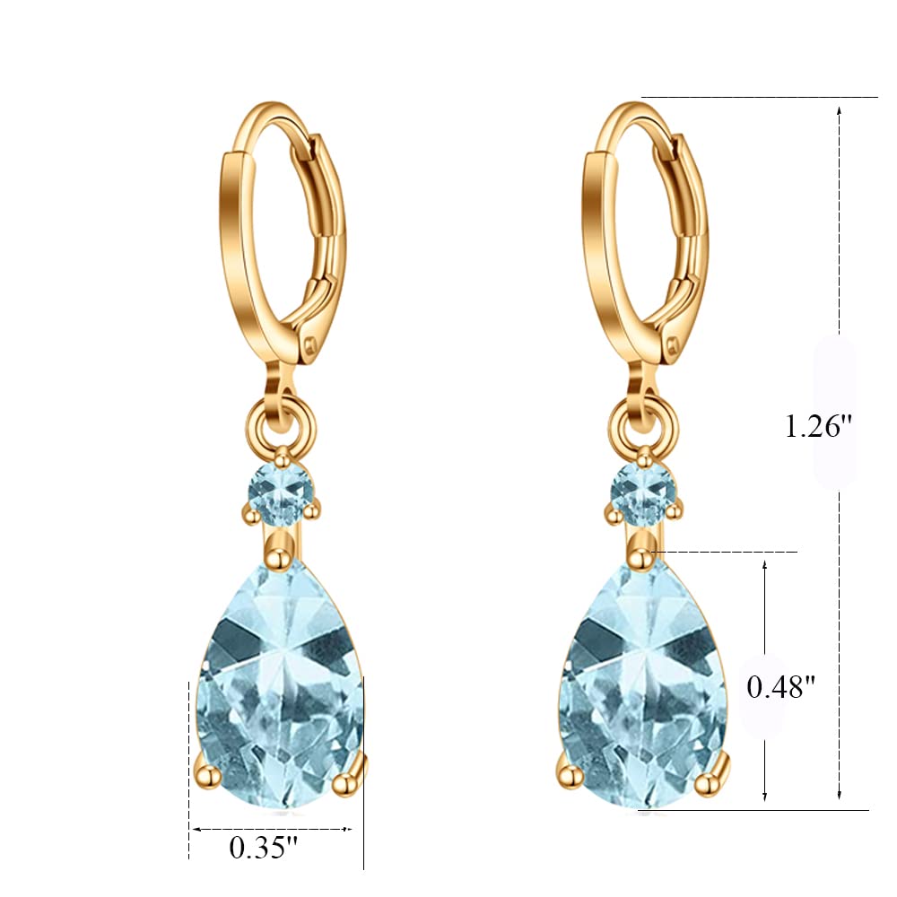 UEUC Birthstone Teardrop Dangle Earrings for Women, 14K Gold Plated Crystal Dangle Hypoallergenic Earring with Leverback(White)