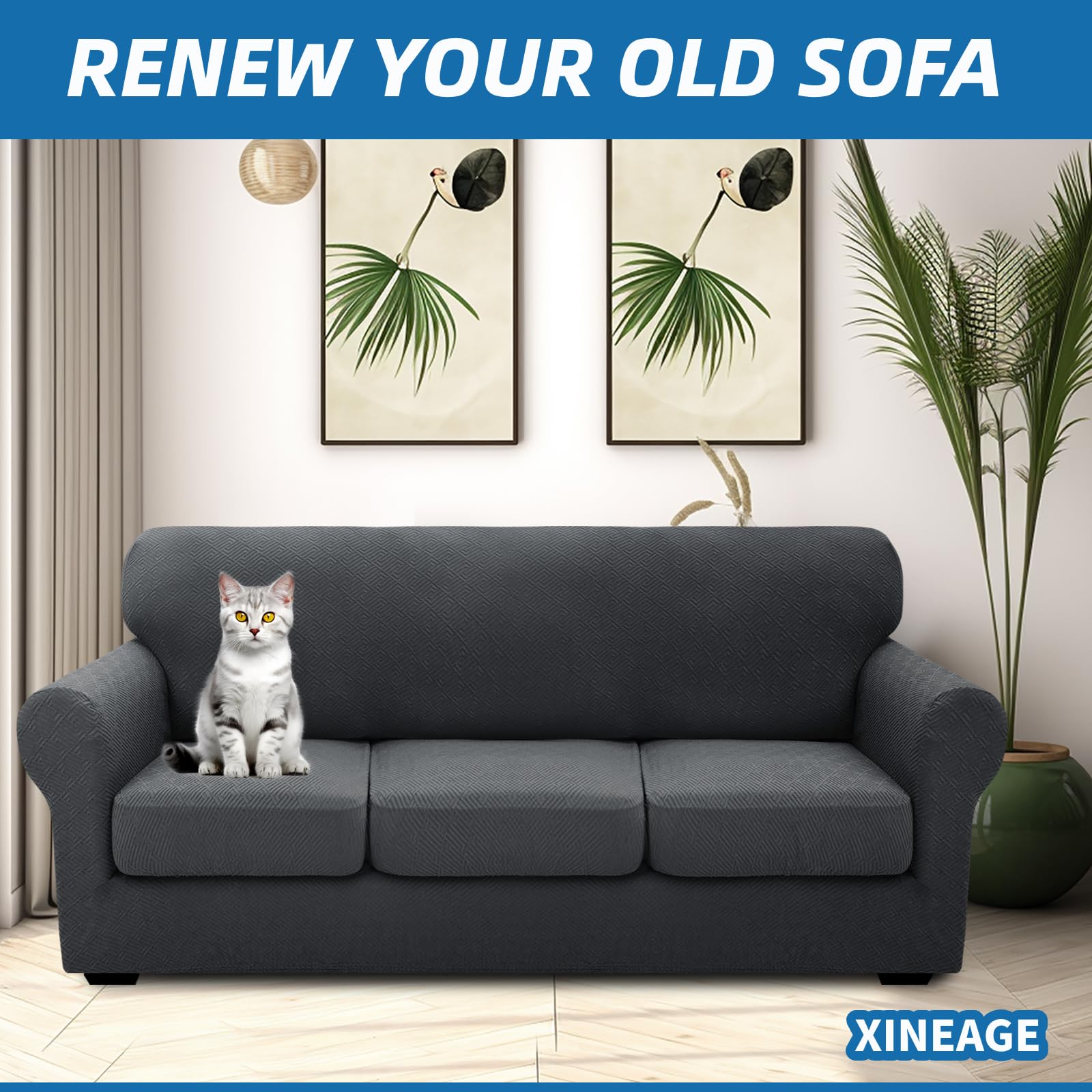 XINEAGE 2024 Newest 4 Pieces Couch Covers for 3 Cushion Couch Super Stretch Thick Soft Sofa Cover Anti Slip Sofa Slipcover Dogs Cats Furniture Protector (Dark Gray, 71"-91")