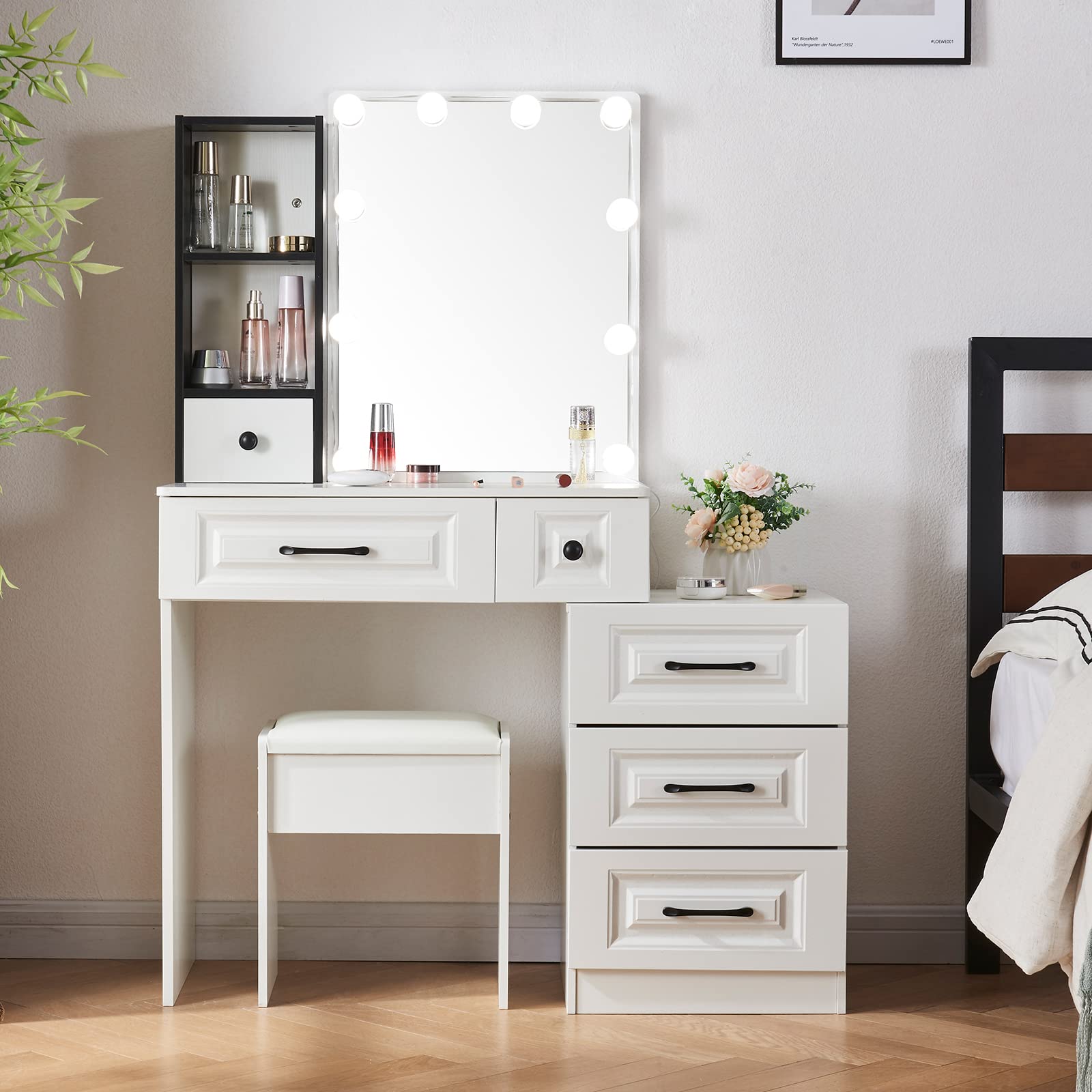 Xinhonglei Dressing Table with Lighted Mirror, Vanity Set with 5 Drawers and Cushioned Stool, White Modern Vanity Table Bedroom Furniture Dresser