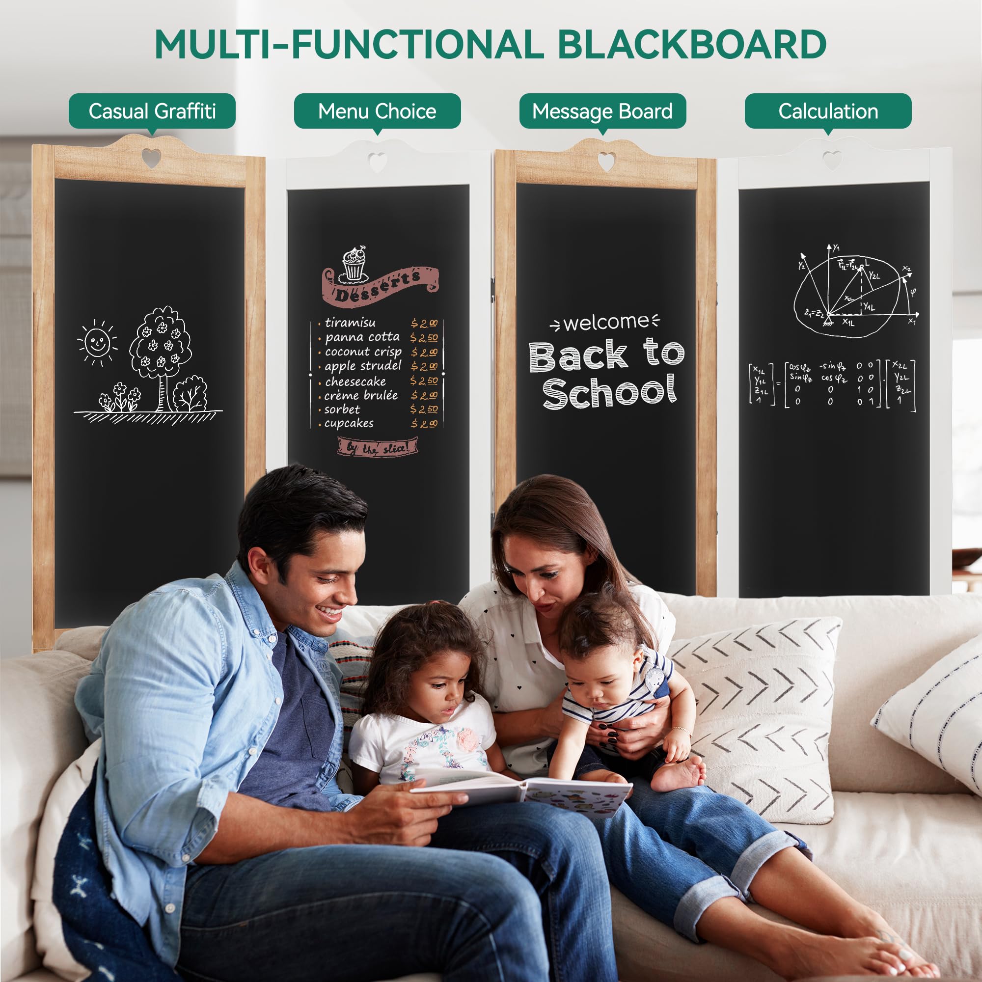 YITAHOME 5.6FT Wood Room Divider 4 Panel Folding Privacy Screens with Chalkboard, Standalone Portable Wall Divider Room Partition for Bedroom, Study, Hotel, Office