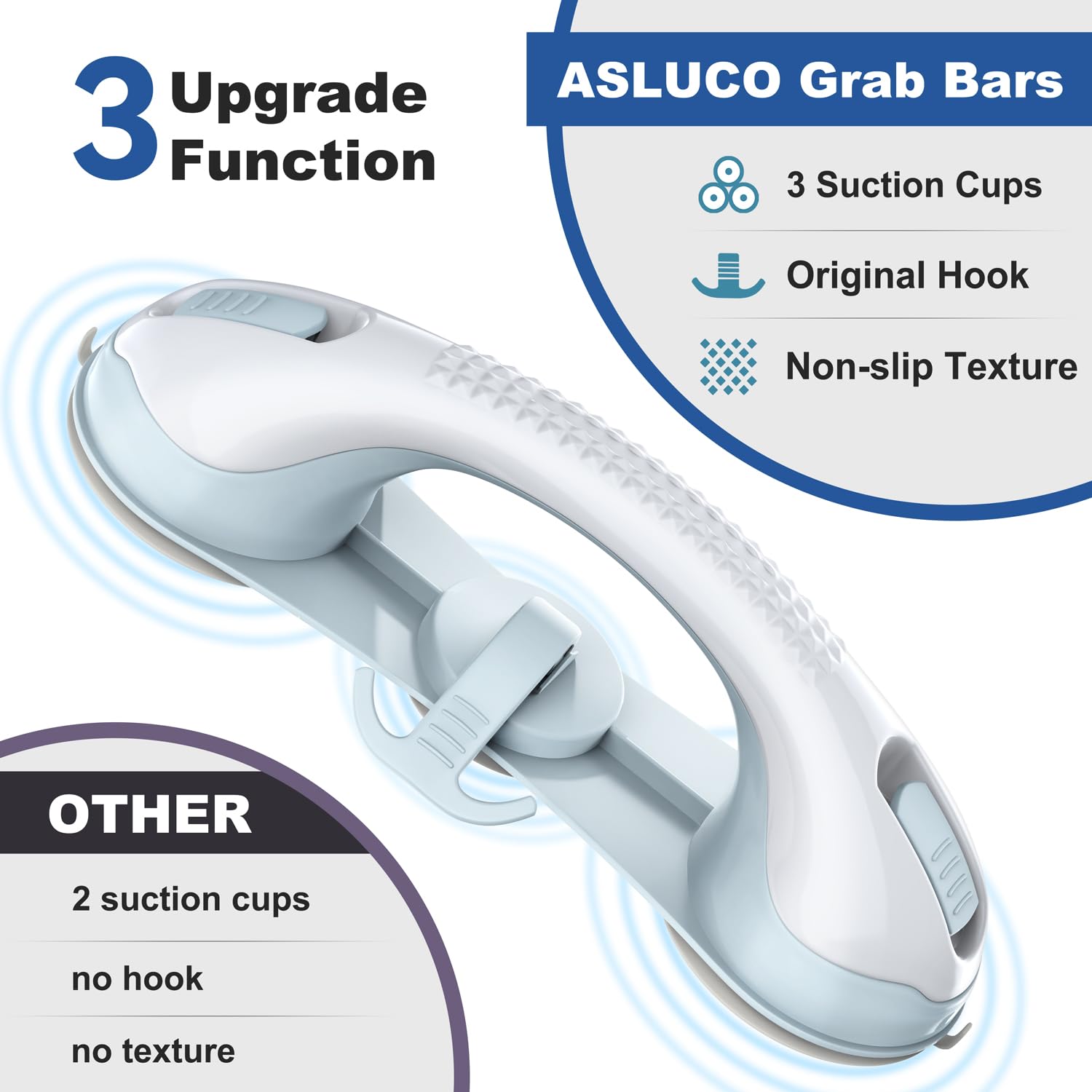 ππ©π π«ππππ 3 Suction Cup Grab Bars for Shower, ASLUCO Shower Handles for Elderly Suction, Shower Grab Bars for Seniors, Handicap Grab Bars for Bathroom Bath Bathtub Toilet - Light Blue