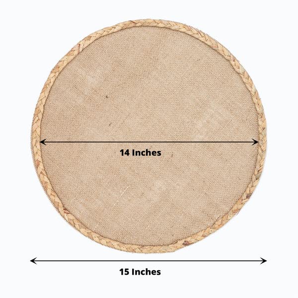 TABLECLOTHSFACTORY 4 Pack | 15" Round Natural Rustic Burlap Jute Placemats Braided Edges, Farmhouse Placemats with Trim