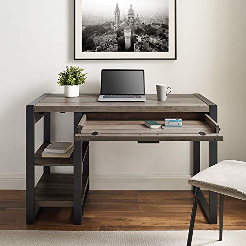 Walker Edison Modern Industrial Computer Gaming Desk Office Storage Shelves and Drawer with Electrical Outlet Home Office, 48 Inch, Grey Wash