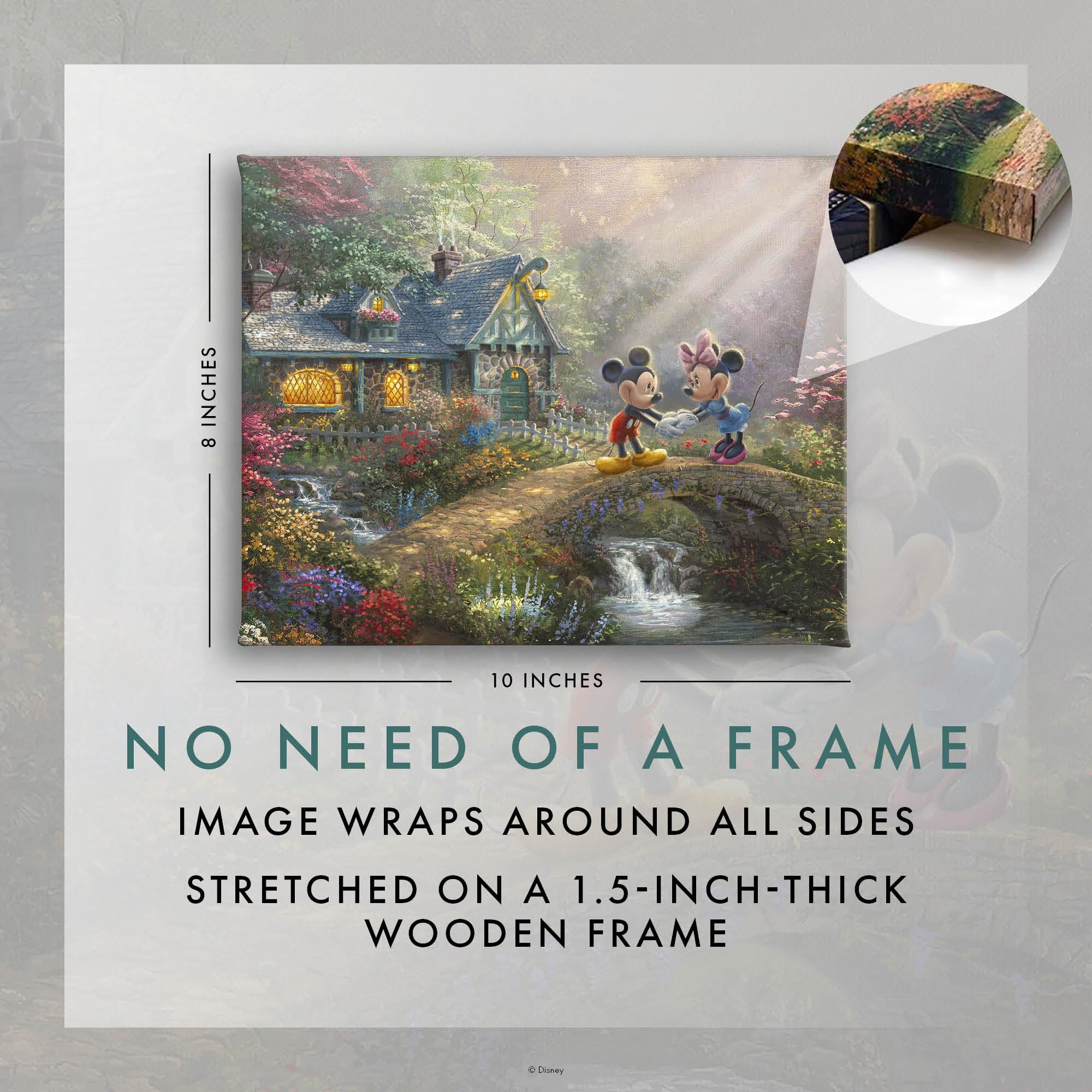 Thomas Kinkade Studios Mickey and Minnie Sweetheart Bridge 5 x 7 Brushwork (Burl Frame)