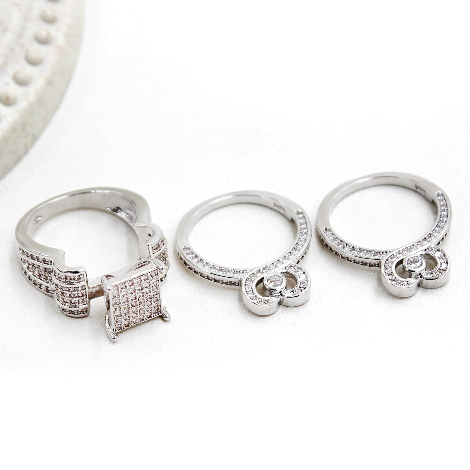 Uloveido Platinum Plated Hollow Stackable Rings Enhancers Wedding Engagement Heart Ring, 3Pcs Stacking Ring with Cubic Zirocnia for Women Anniversary Ring Gift (Size 8) Y451