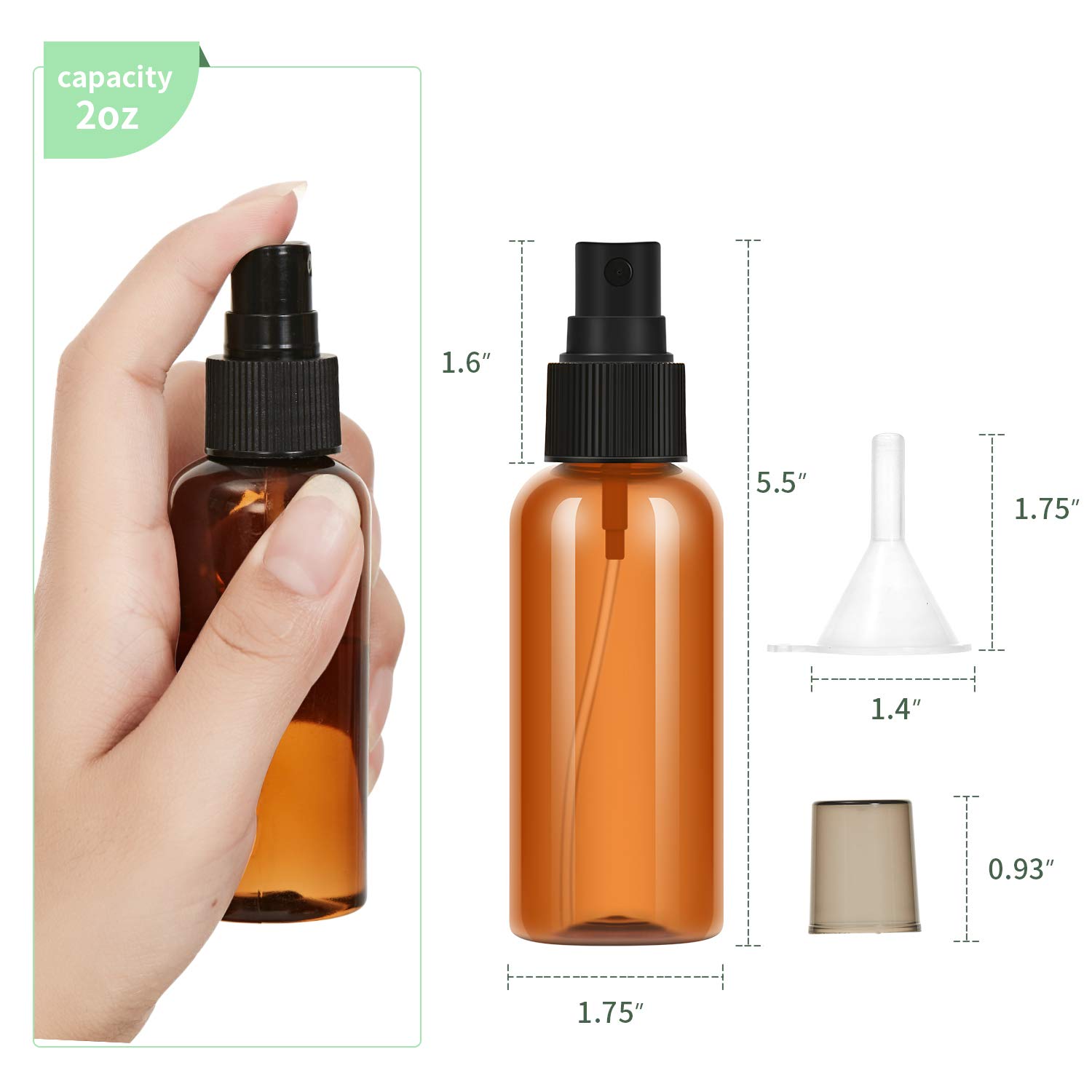 Spray Bottles with Labels,2oz Refillable Cosmetic Containers for Essential Oils, Cleaning Products, Aromatherapy or Alcohol,10 packs Small Empty Fine Mist travel bottle with 2pcs Funnels (Brown)