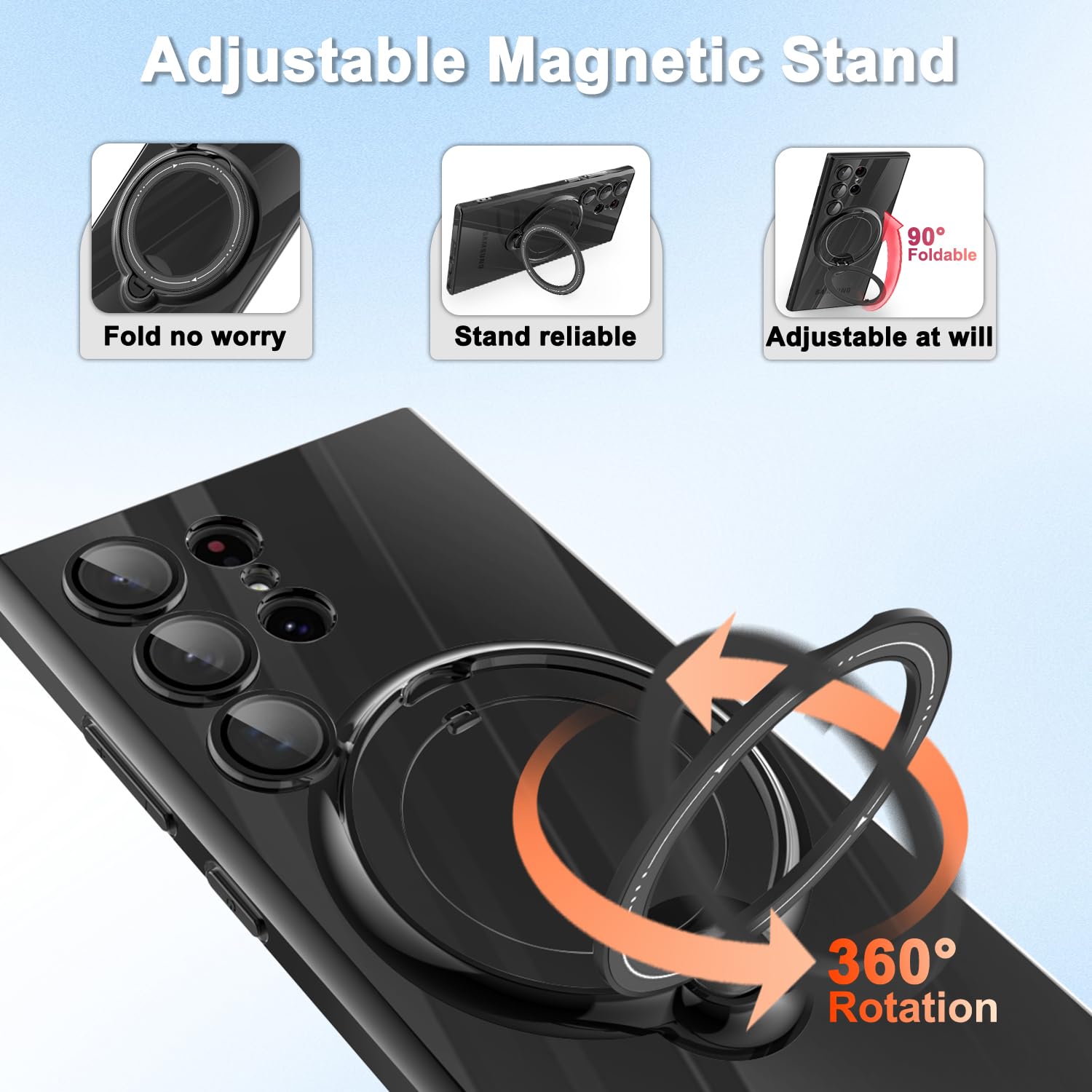 Tnarru Clear Samsung Galaxy S23 Ultra Case with Magnetic Stand [Compatible with MagSafe] [360° Rotatable Ring Holder Kickstand] Plating TPU Shockproof Protective Galaxy S23 Ultra Phone Case - Black